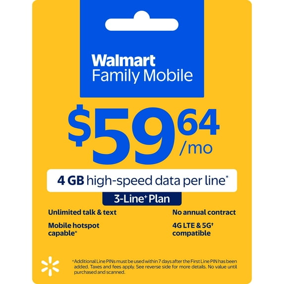 Walmart Family Mobile $59.64 Unlimited Talk & Text 3-Line Monthly ...