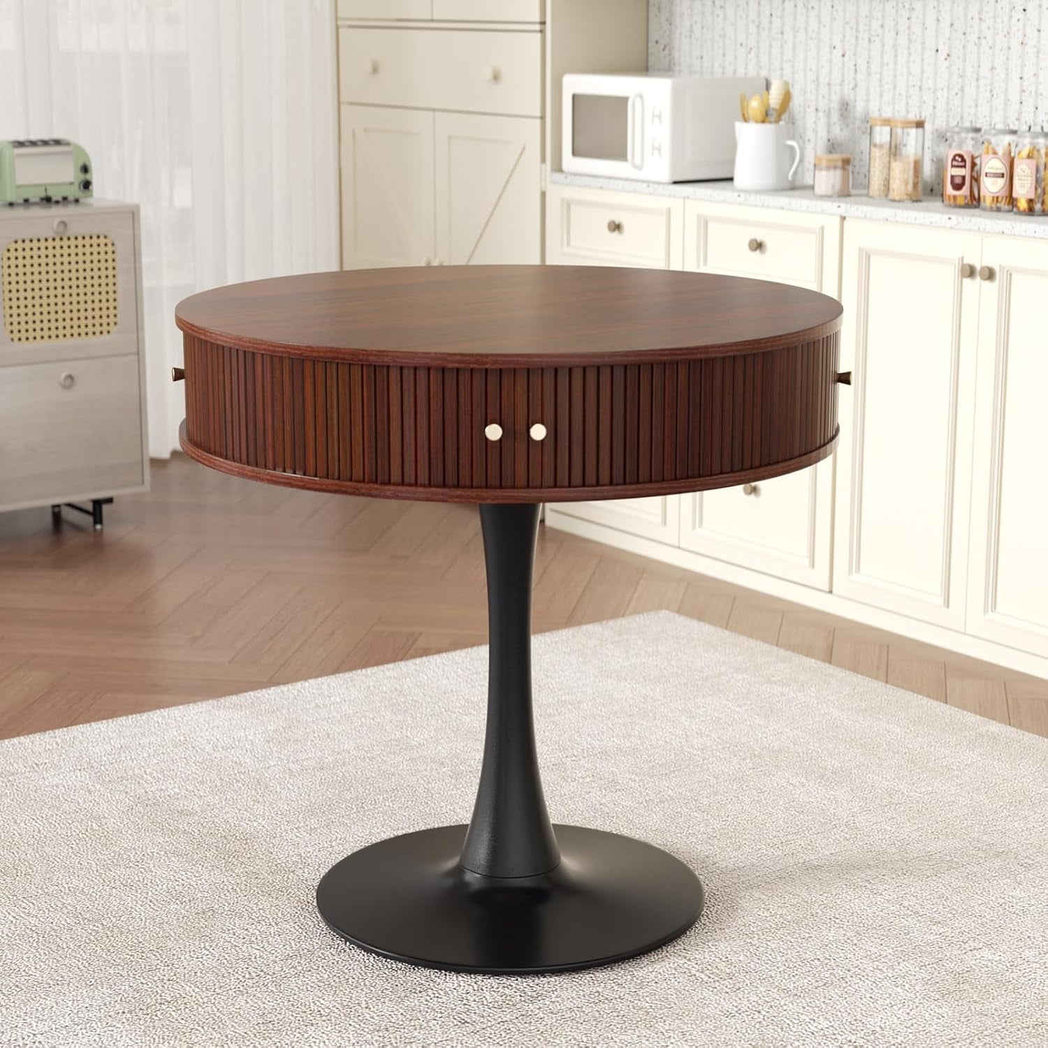 Walnut 31.5" Round Dining Table with Hidden Storage | Seamless Faux ...
