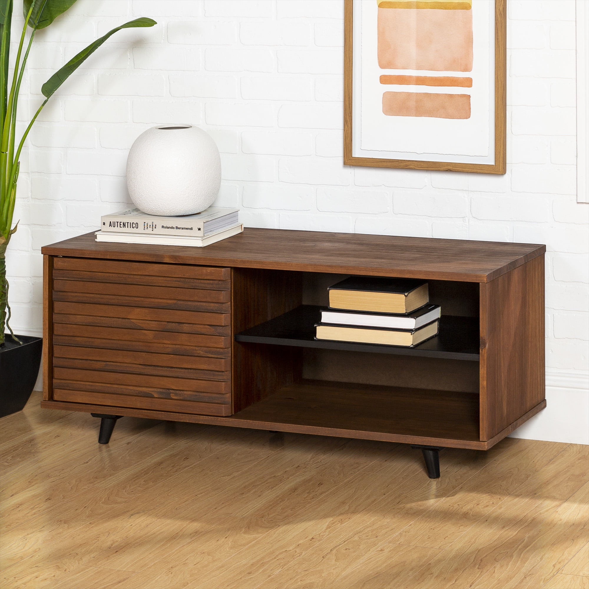 Walnut 44 Inch Solid Wood Slat Door Storage Bench by Manor Park ...