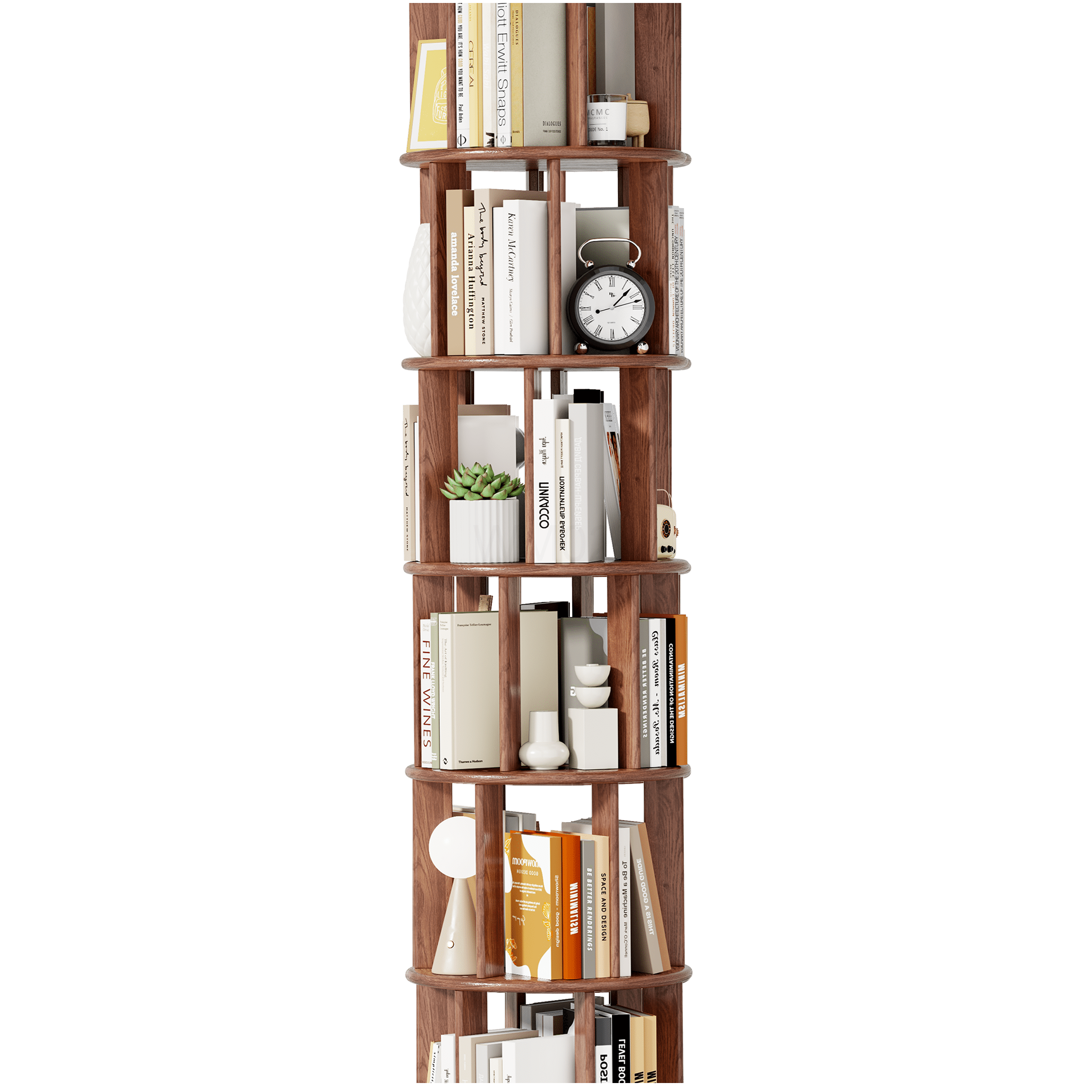 Walnut 6-Tier Spinning Bookcase, 360-Degree Rotating Bookshelf on ...