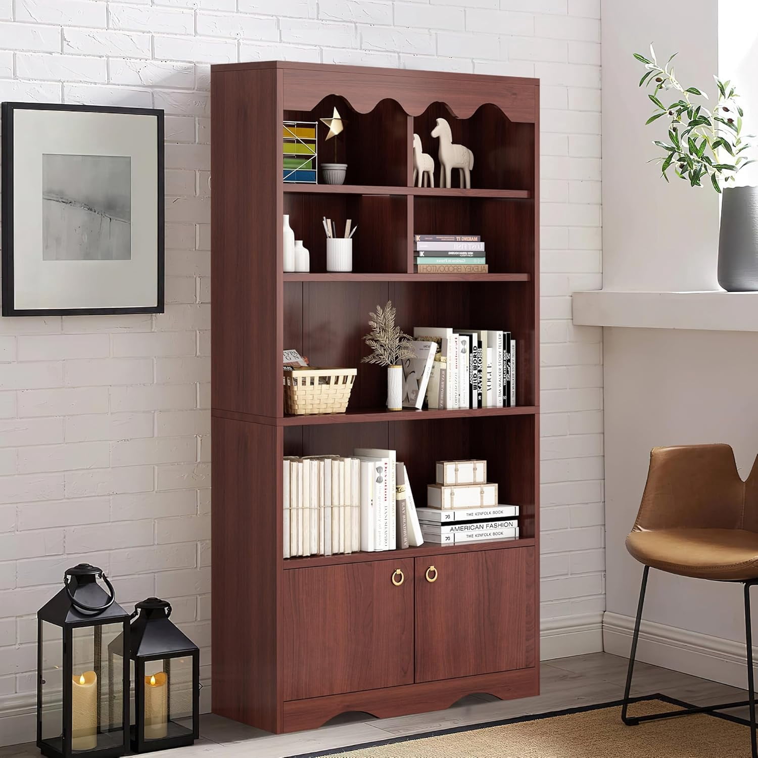 Walnut 63" Tall Bookshelf with Doors, 5 Tier Freestanding Bookcase and ...