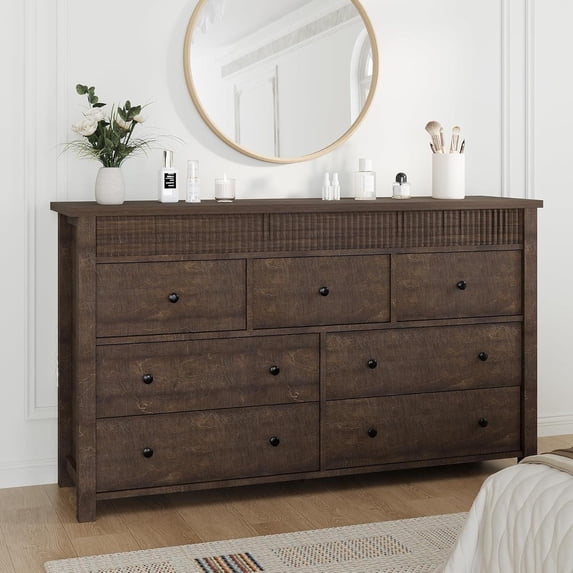Walnut 7-Drawer Fluted Wooden Dresser, Multifunctional TV Stand Storage ...