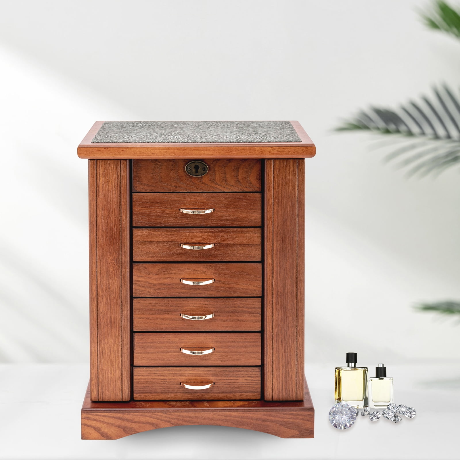 Walnut 7-Layer Wooden Jewelry Box with Key Lock, Necklace Hooks, and ...