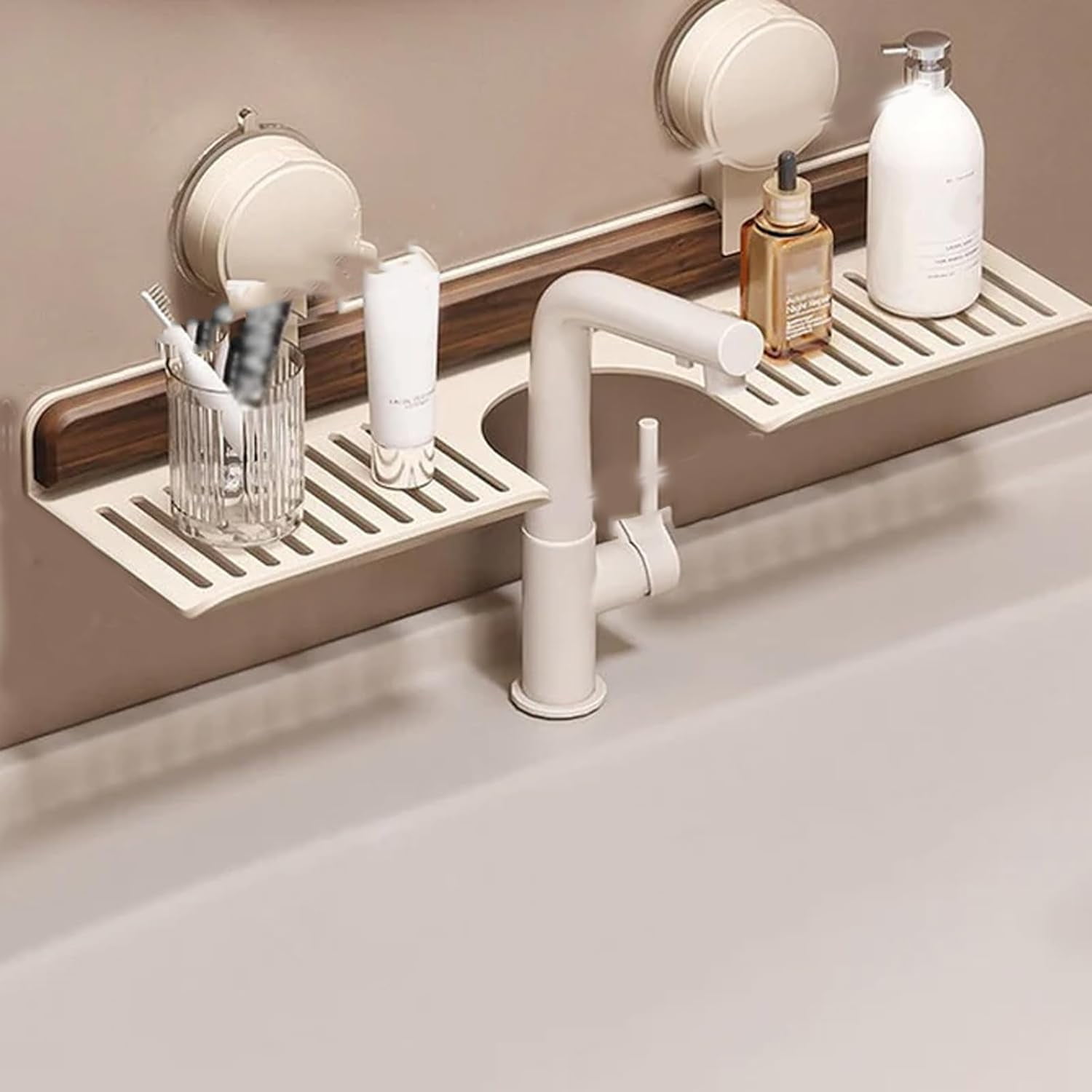 Walnut Bathroom Kitchen Suction Cup Shelf, Wall Mounted Sink Shelf Over ...