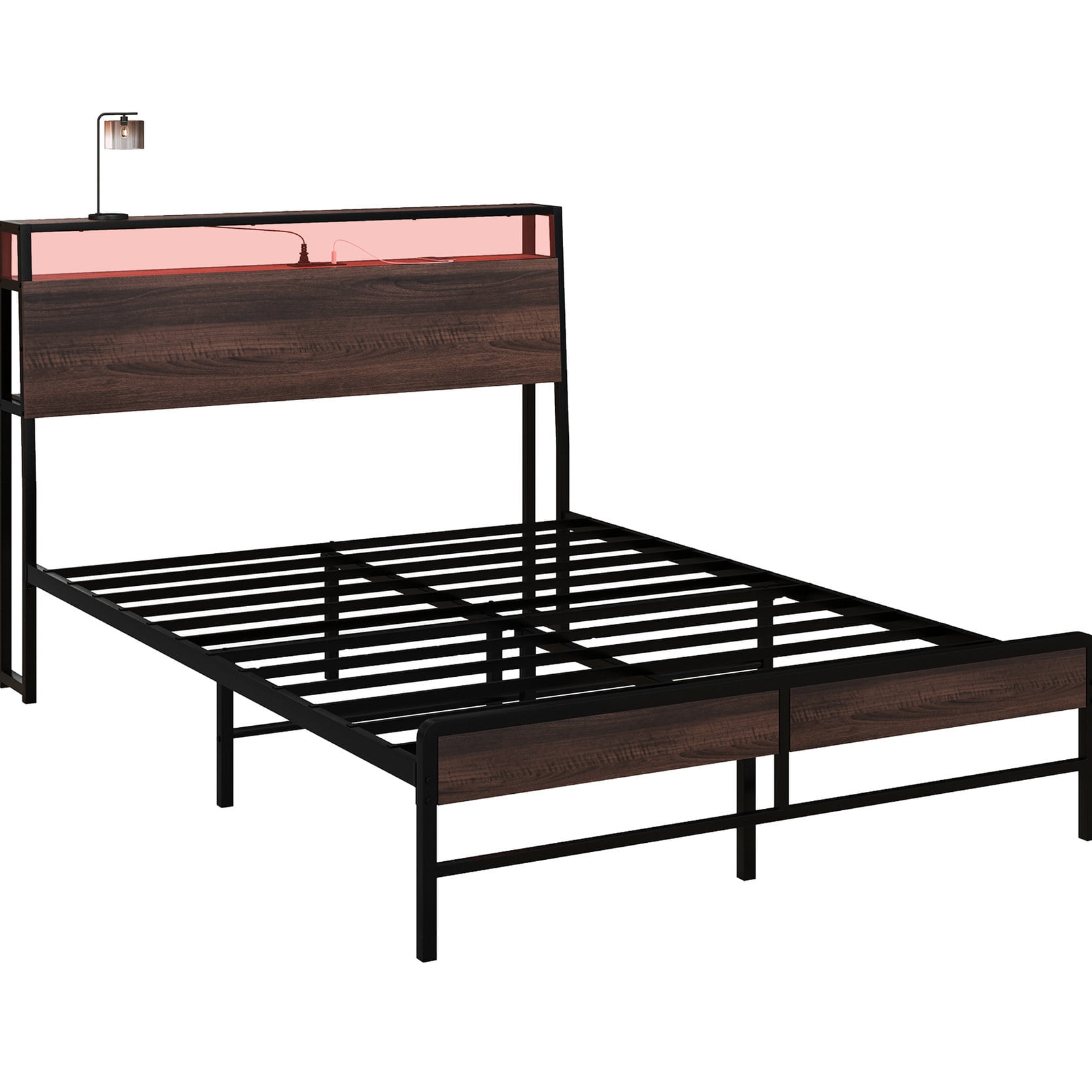 Walnut Bed Frame with RGB Remote and Charging / Control Lights and ...