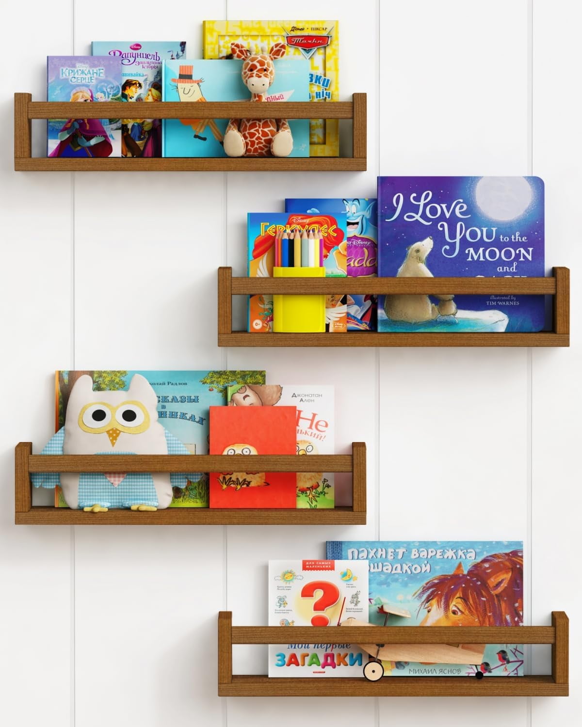 Walnut Brown Bookshelf Wall Mounted, Wooden Floating Book Shelves for ...