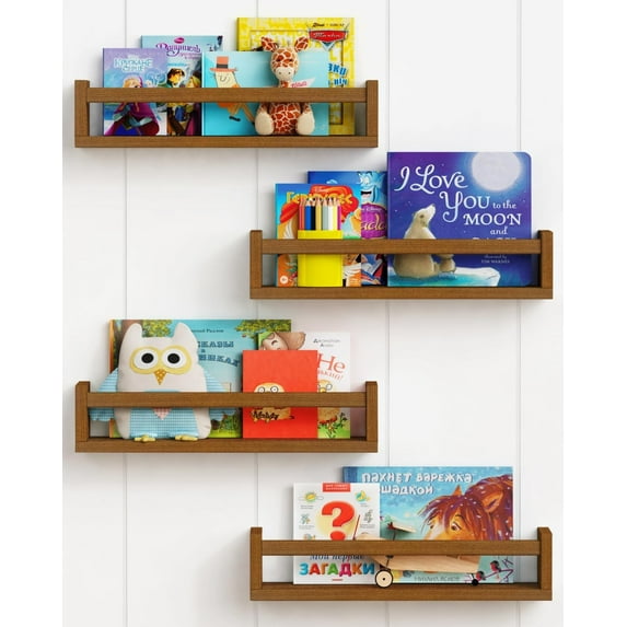 Walnut Brown Bookshelf Wall Mounted, Wooden Floating Book Shelves for ...