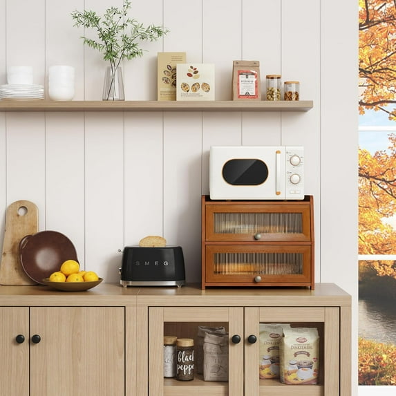 Walnut Brown Roll Top Bread Box for Kitchen Countertop, 2 Tier Large ...