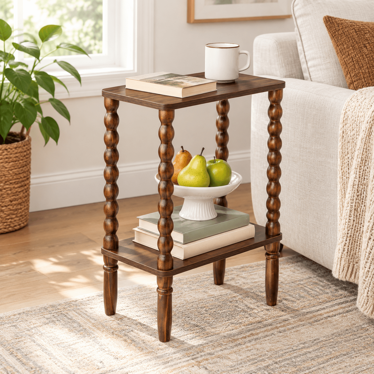 Walnut Brown Small Narrow Skinny End Table with 2-Tier Storage for ...