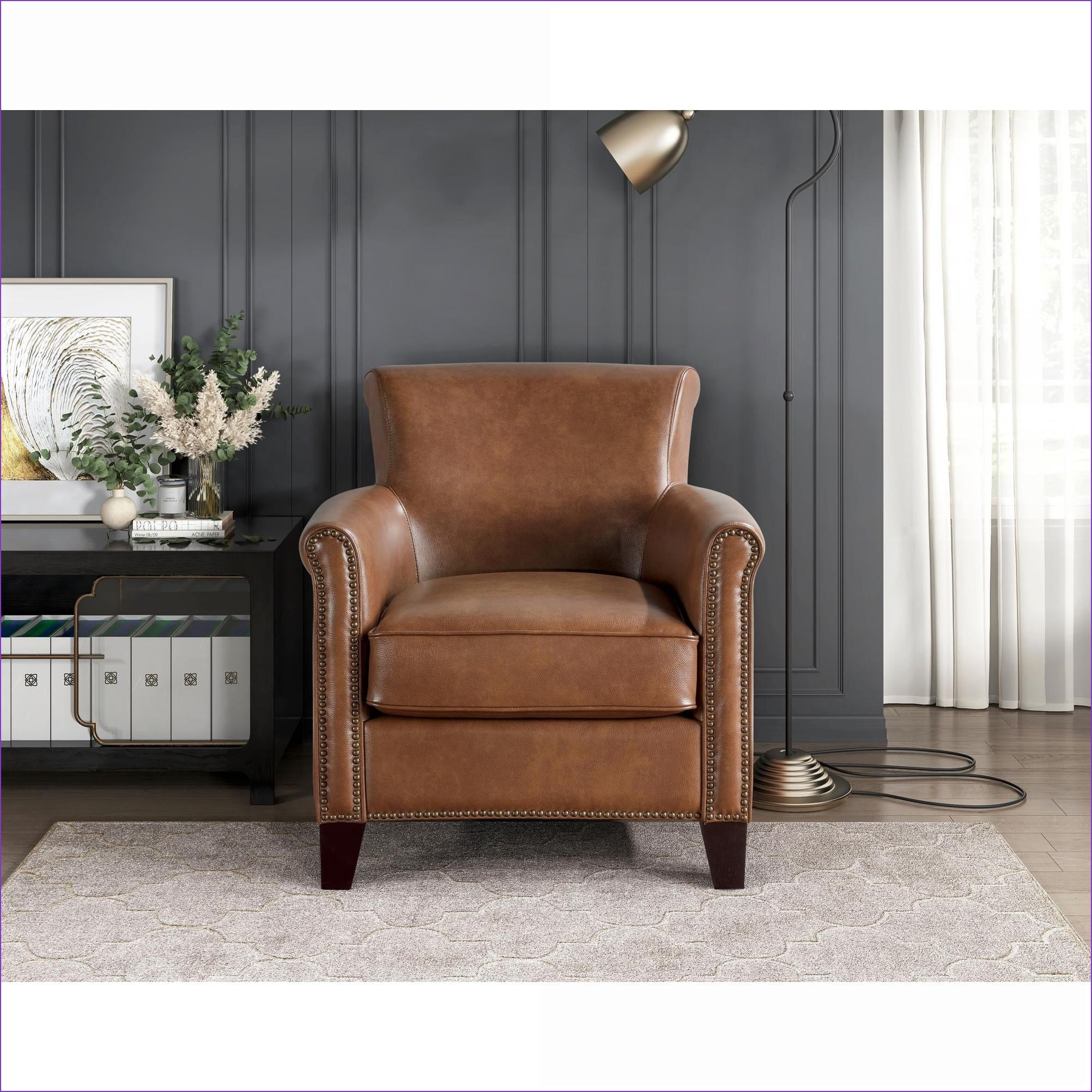 Walnut Brown Top-Grain Leather Accent Chair, Solid Wood Frame Nailhead ...