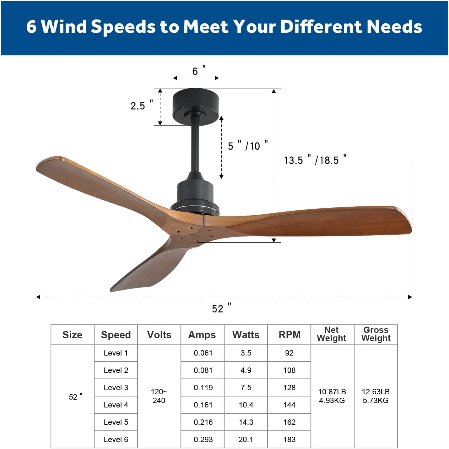 Walnut Ceiling Fans No Light with Remote, 52'' 3 Solid Wood Blade ...