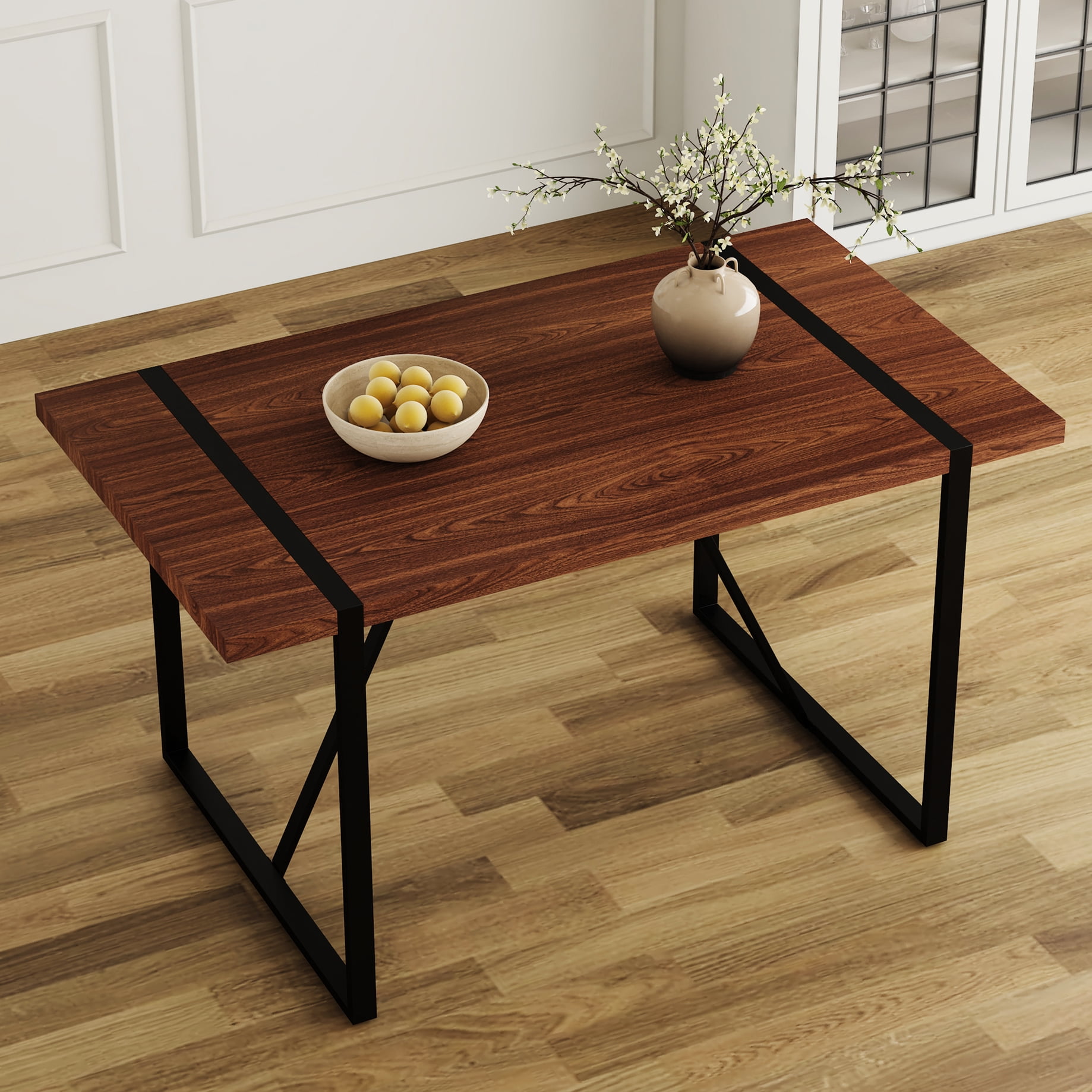 Walnut Color Wood Grain Rectangular Table, 1.5 Inch Thick Top And Black ...