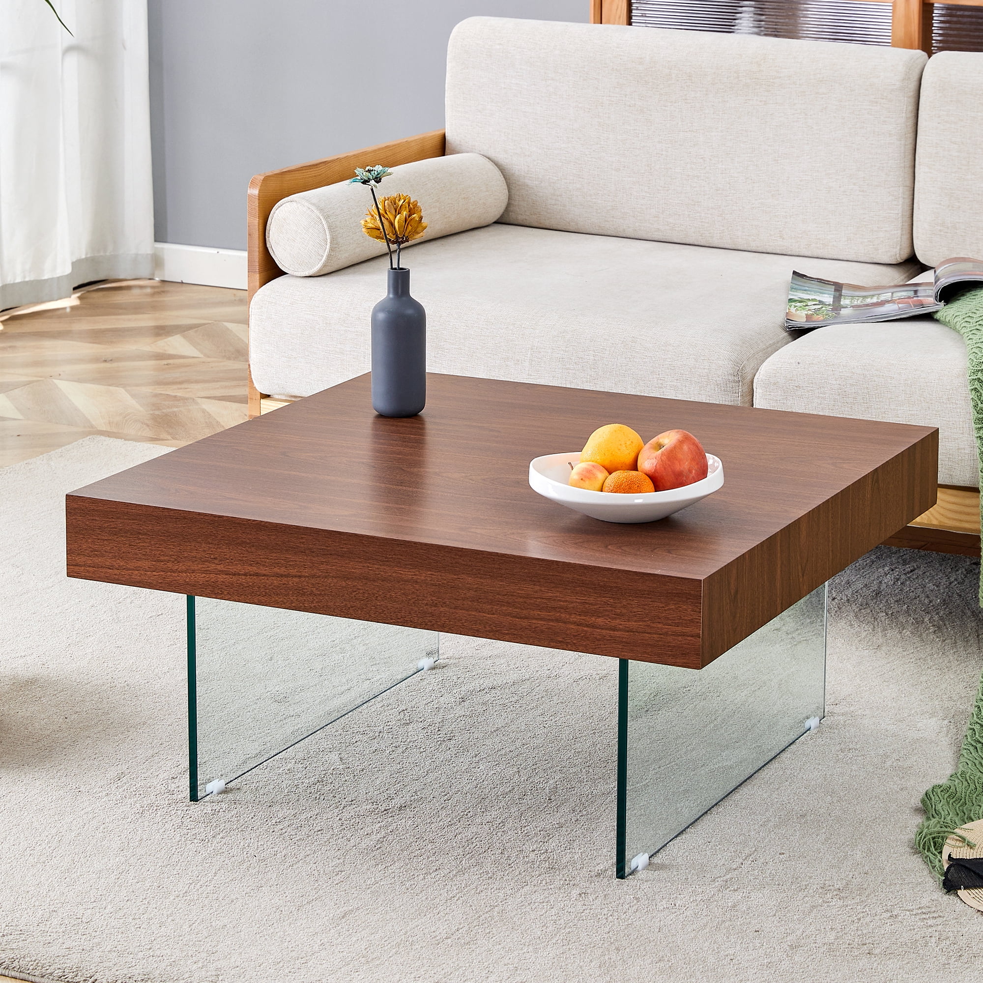 Walnut Colored Square MDF Coffee Table - 31.5"x31.5" with Tempered ...