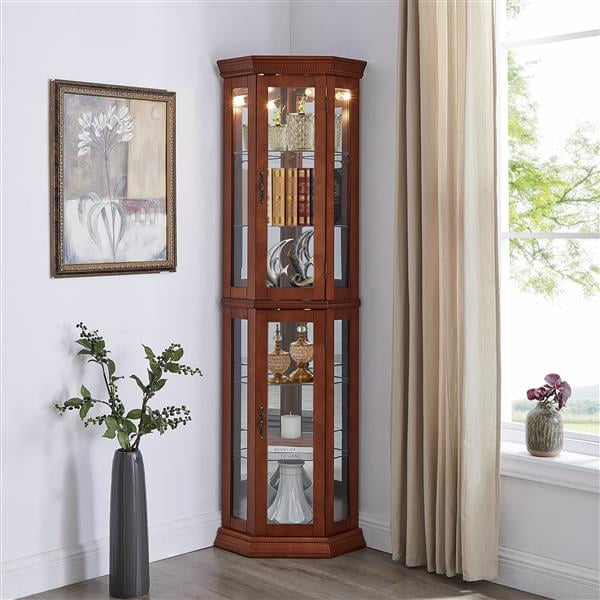 Walnut Corner Curio Cabinet with LED Lighting - 6 Adjustable Tempered ...