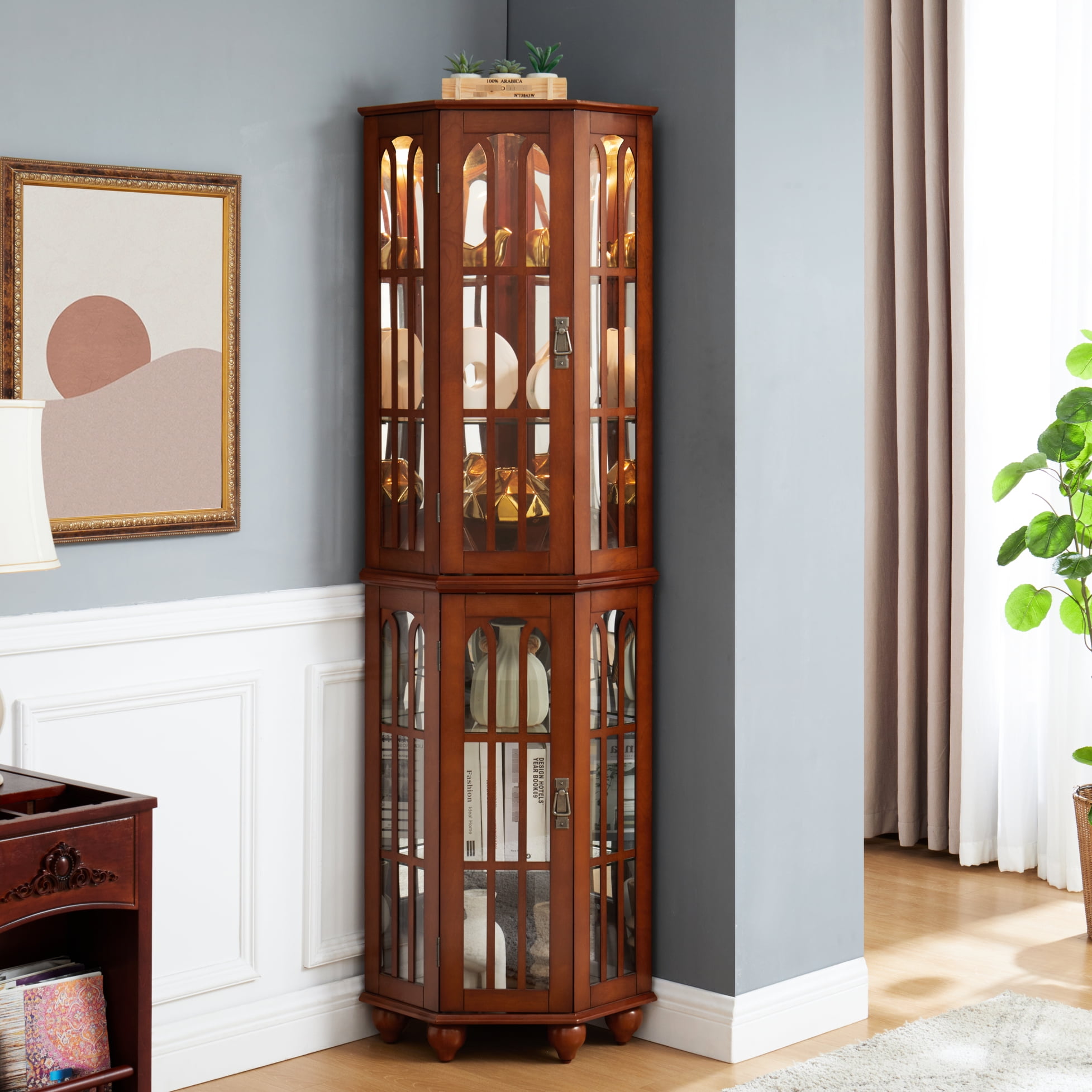 Walnut Corner Curio Cabinet With Acrylic Mirrored Back Panel And 4 ...