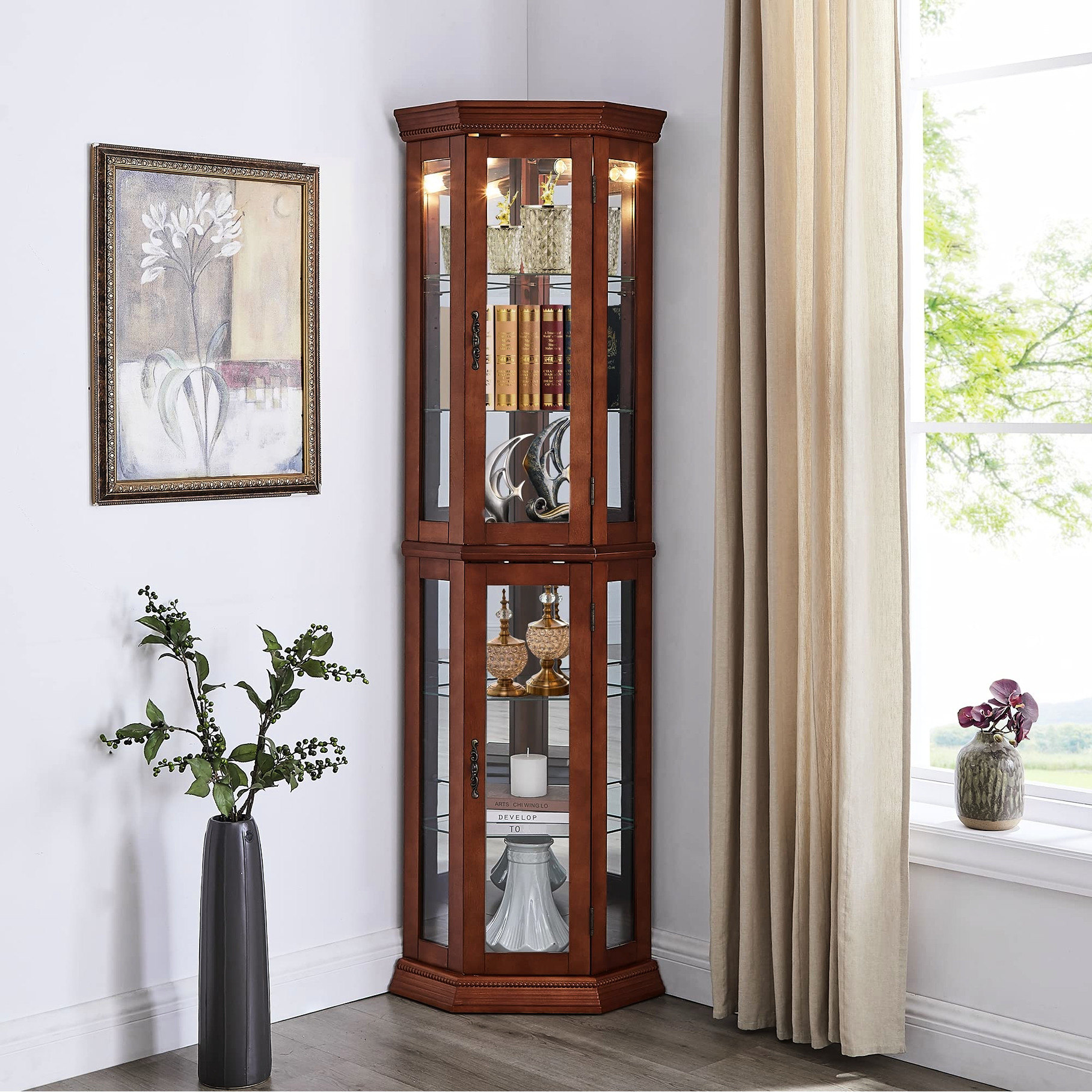 Walnut Corner Curio Cabinet with 6 Shelves / Store Up to 150 lbs of ...