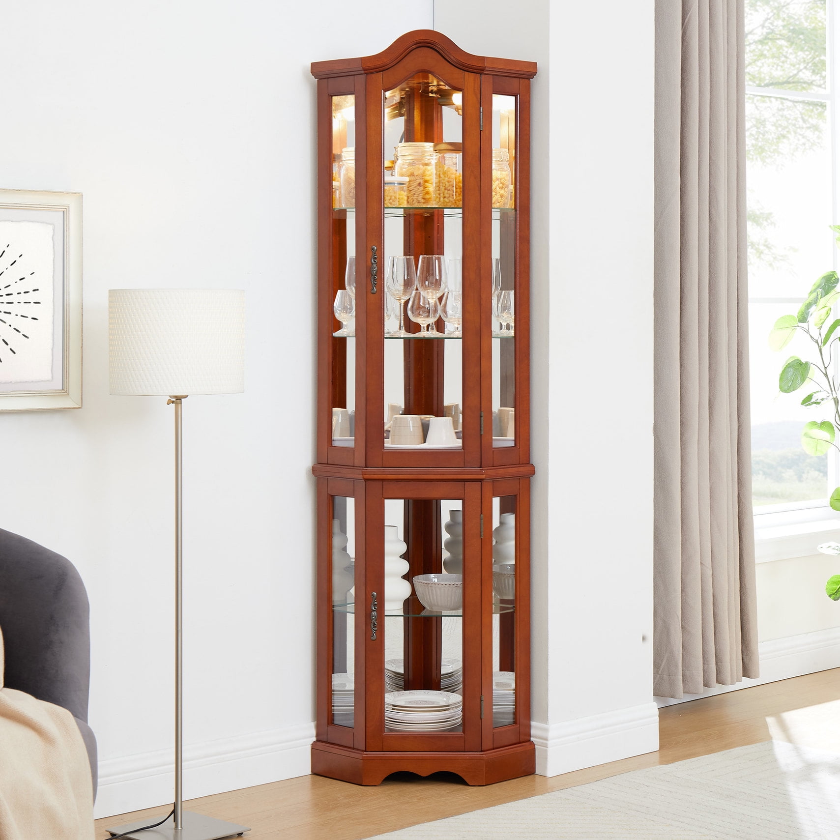 Walnut Corner Curio with Light System, Adjustable Shelving / Display ...