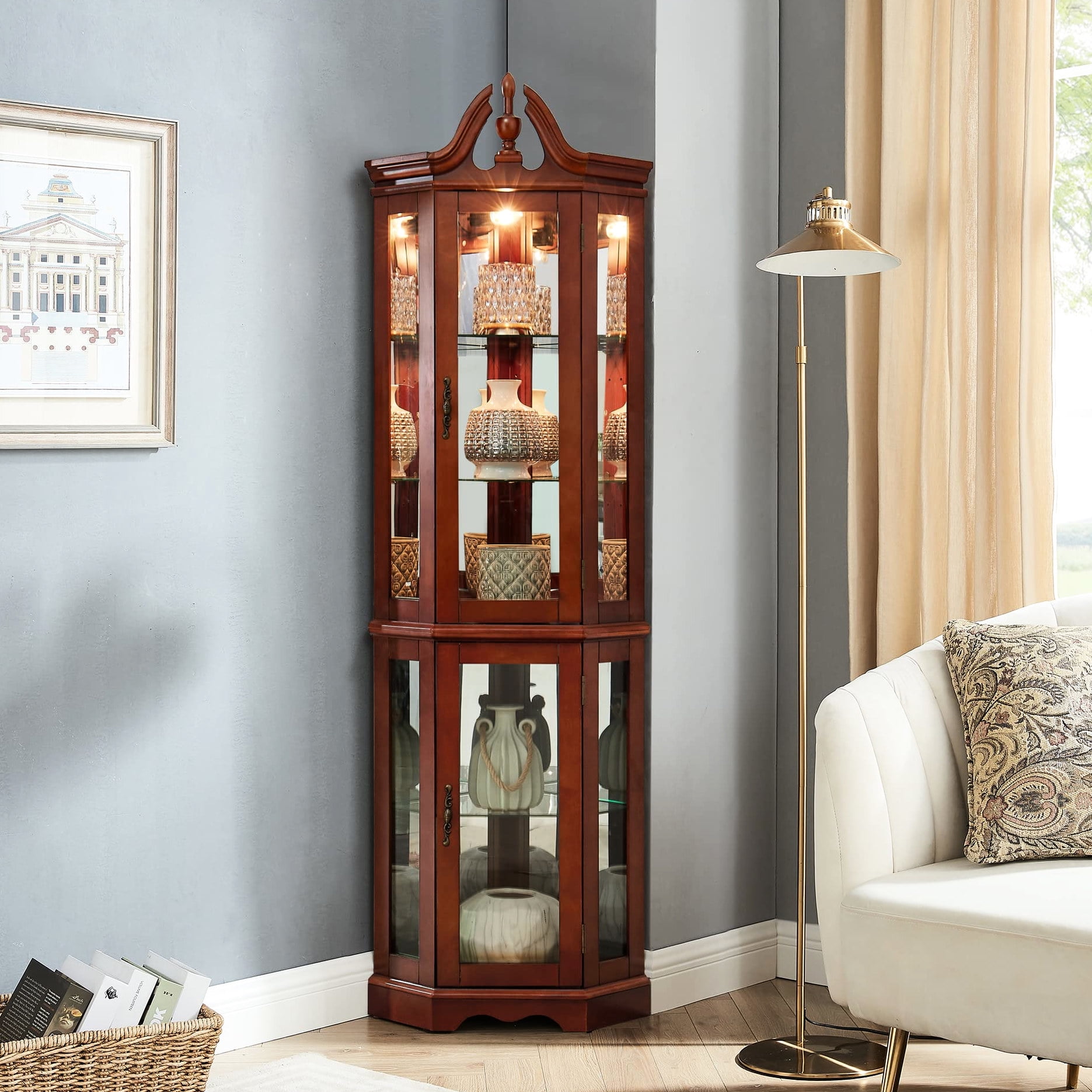 Walnut Corner Display Cabinet | Adjustable Shelving with 25 lb Capacity ...