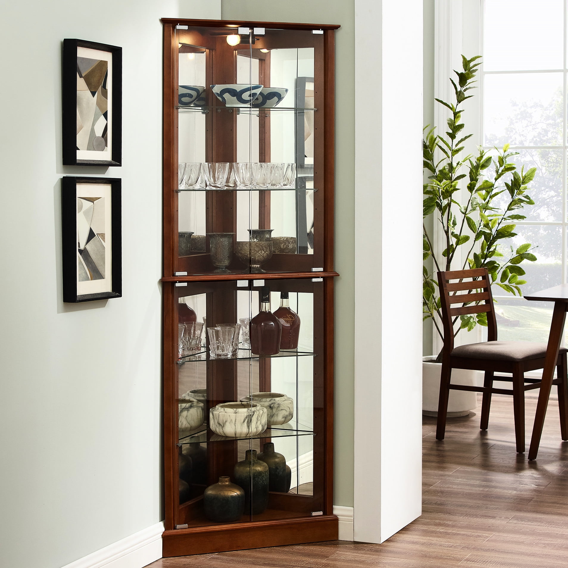 Walnut Curio Display Cabinet With Adjustable Glass Shelves And Mirrored ...