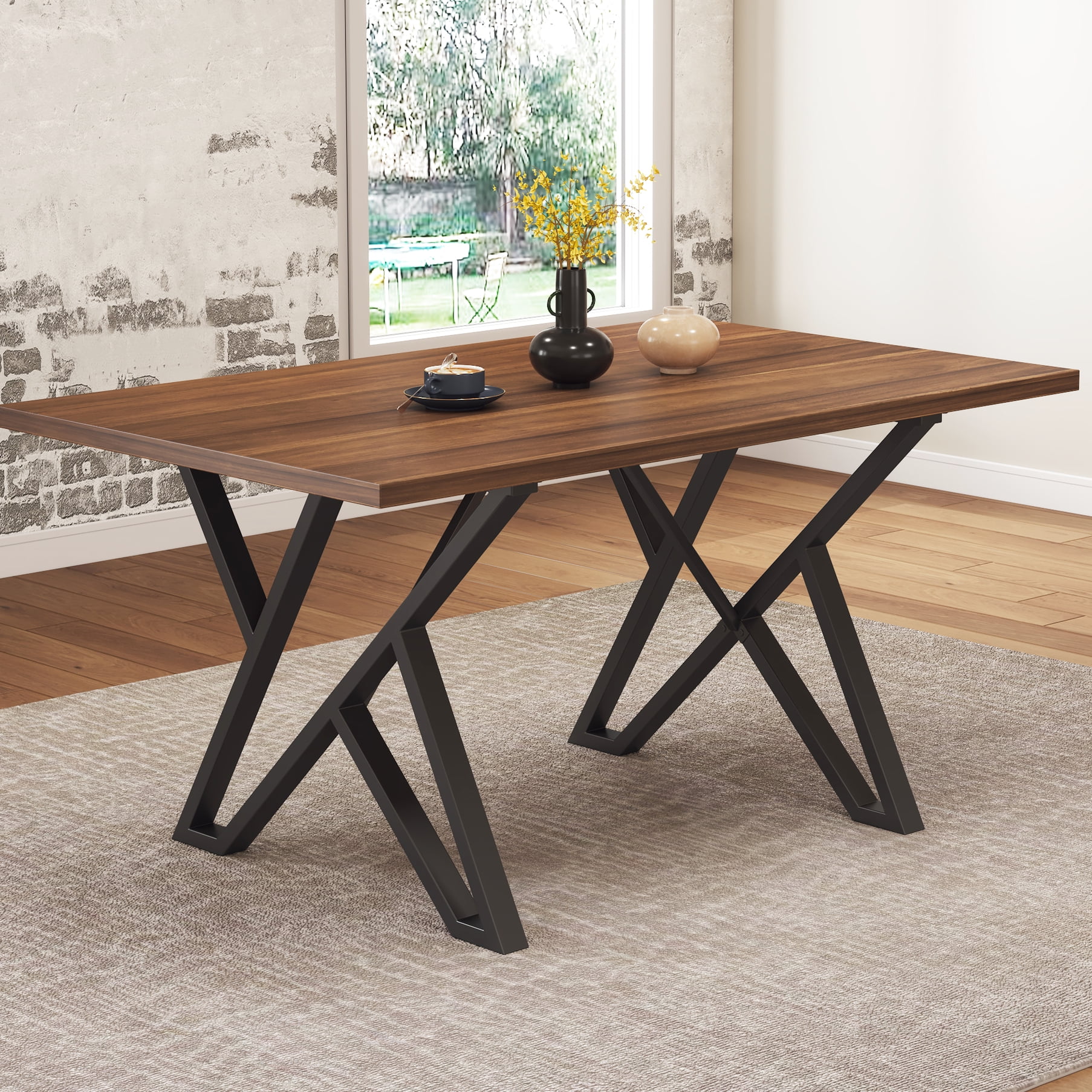 Walnut Dining Table With Angular Metal Leg Design, 59.43" W X 35.5" D ...