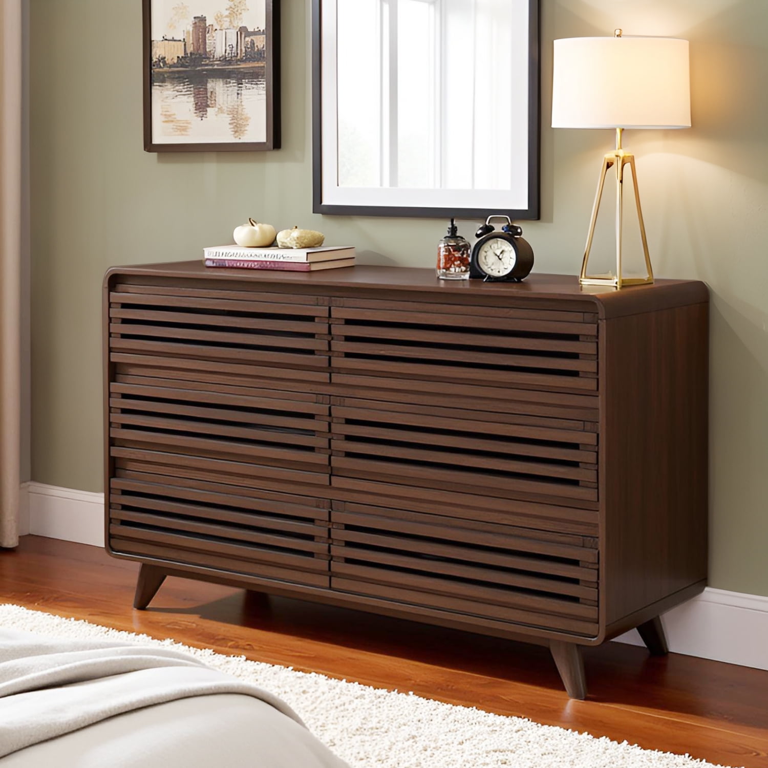 Walnut Dresser for Bedroom, Fluted 6 Drawers Dresser, Wide Chests of ...