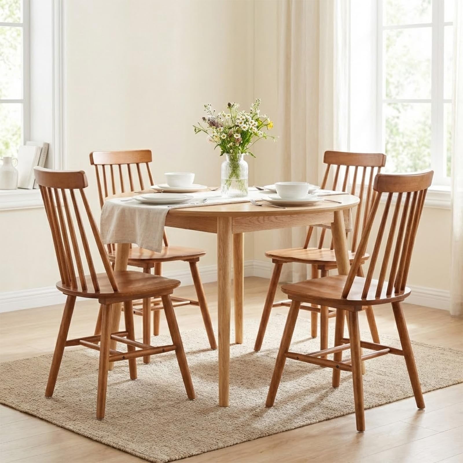 Walnut Farmhouse Dining Chairs Set of 4, Mid Century Modern Spindle ...