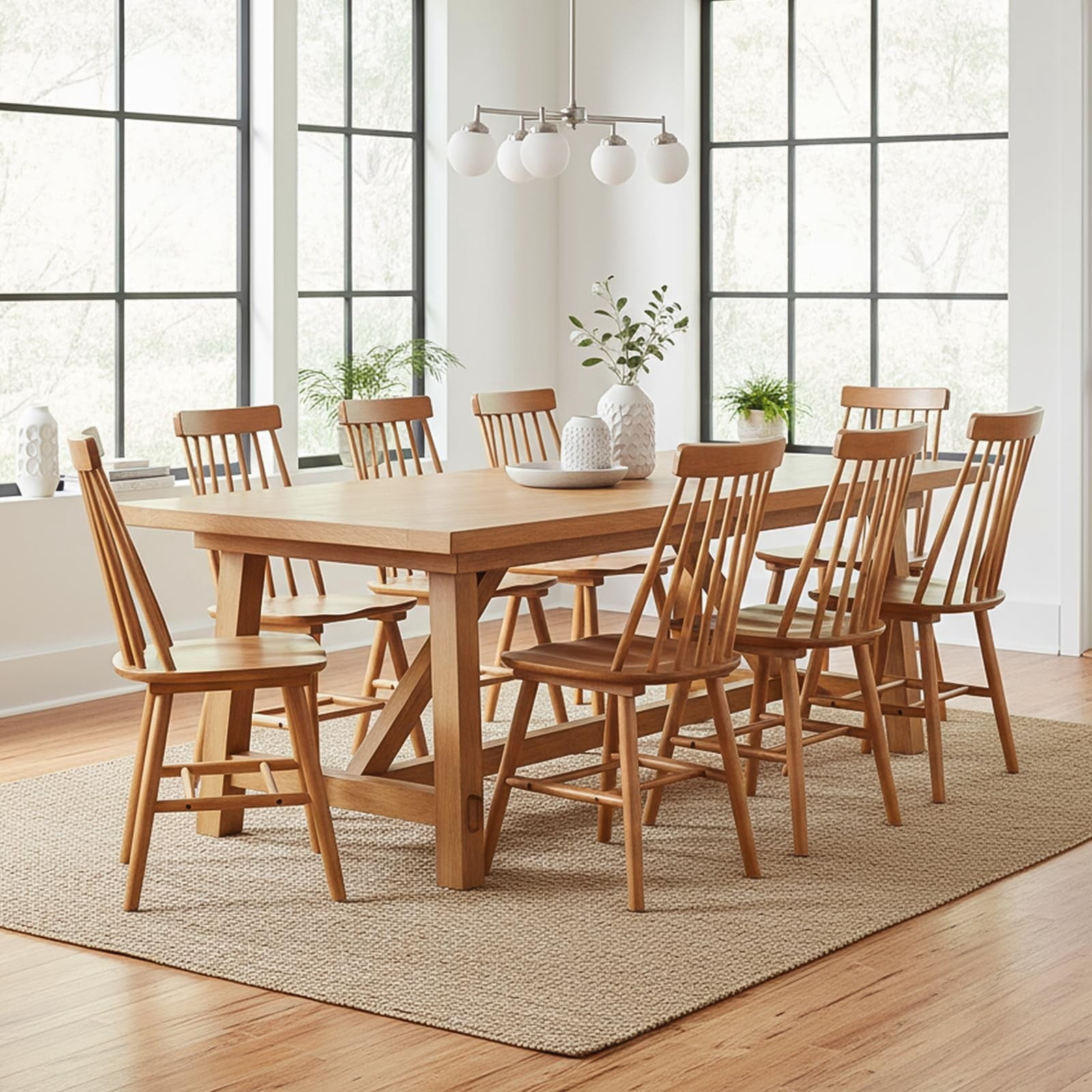 Walnut Farmhouse Dining Chairs Set of 8, Mid Century Modern Spindle ...