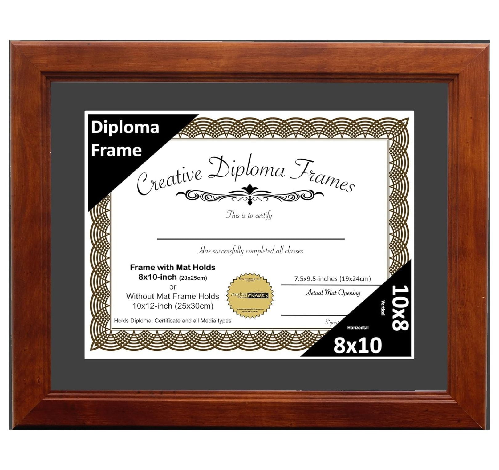 Walnut Finish Diploma Frame with Black Mat, Glass, Easel, Wall Hangers ...