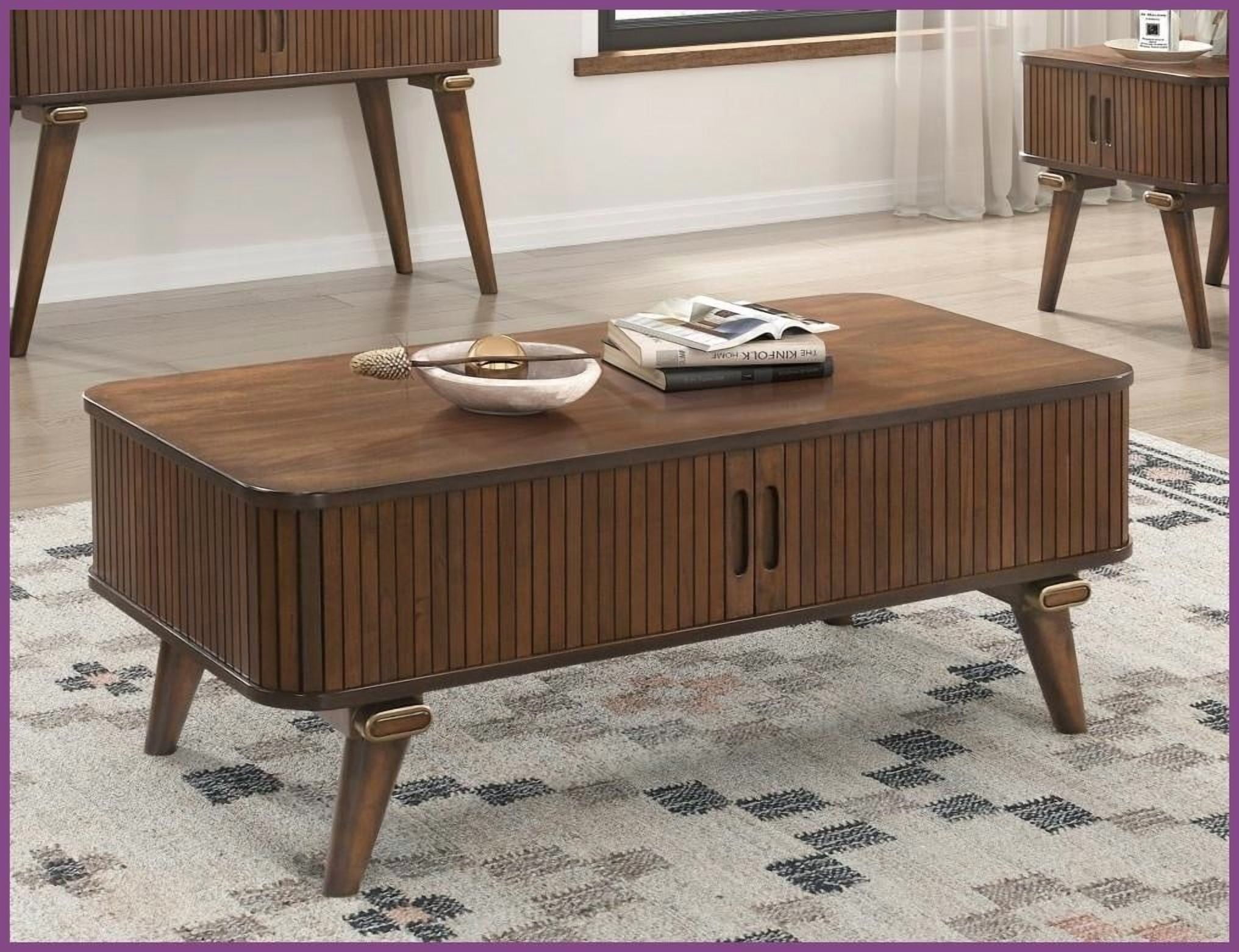 Walnut Finish Mid-Century Coffee Table for Living Room with 2 Tambour ...