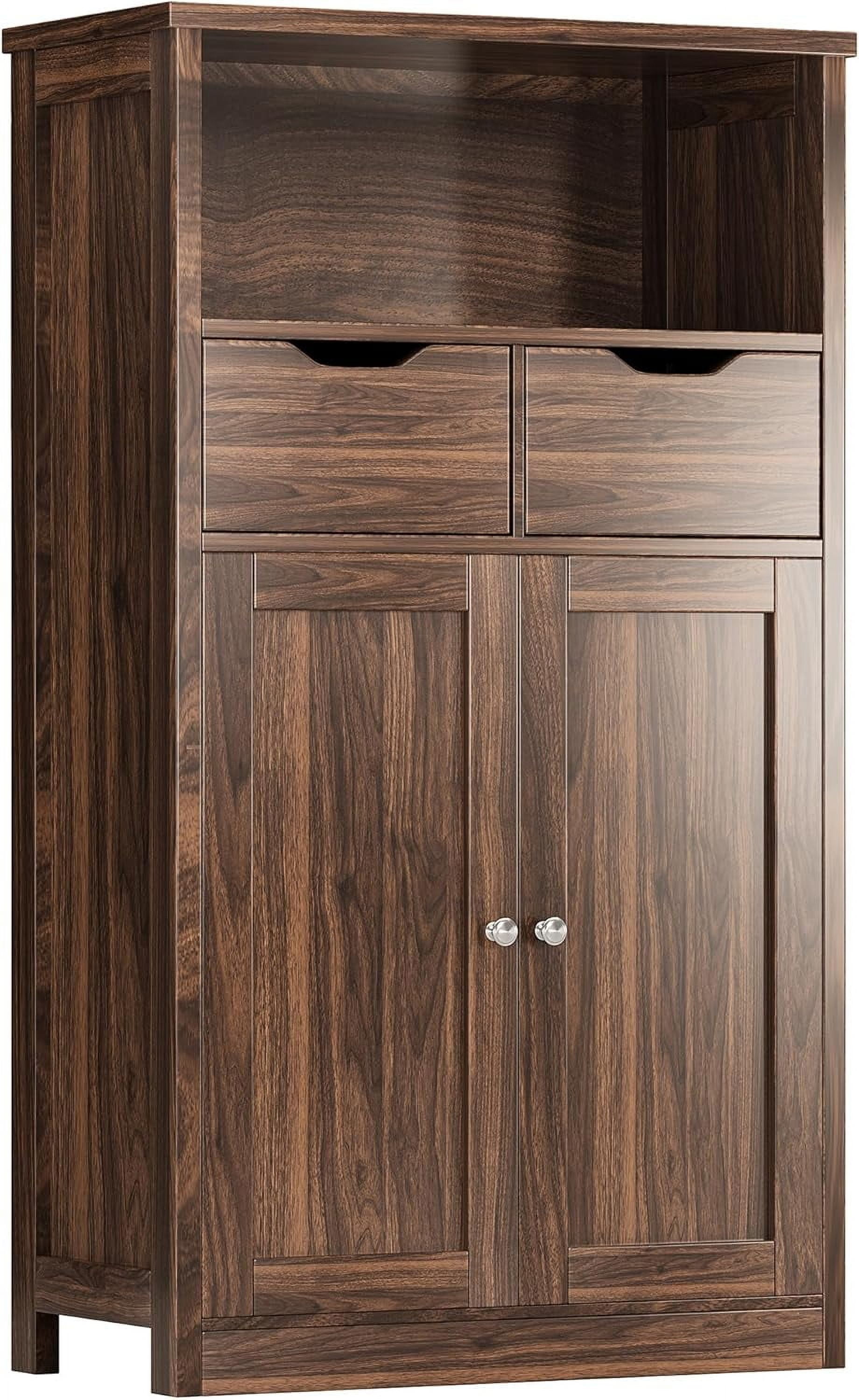 Walnut Floor Storage Cabinet with Doors and Drawers, Freestanding Side ...