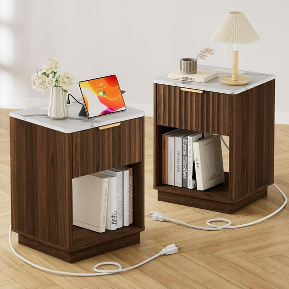 Fluted Nightstand Set of 2, 18" Multi-Color LED Wooden End Table with ...