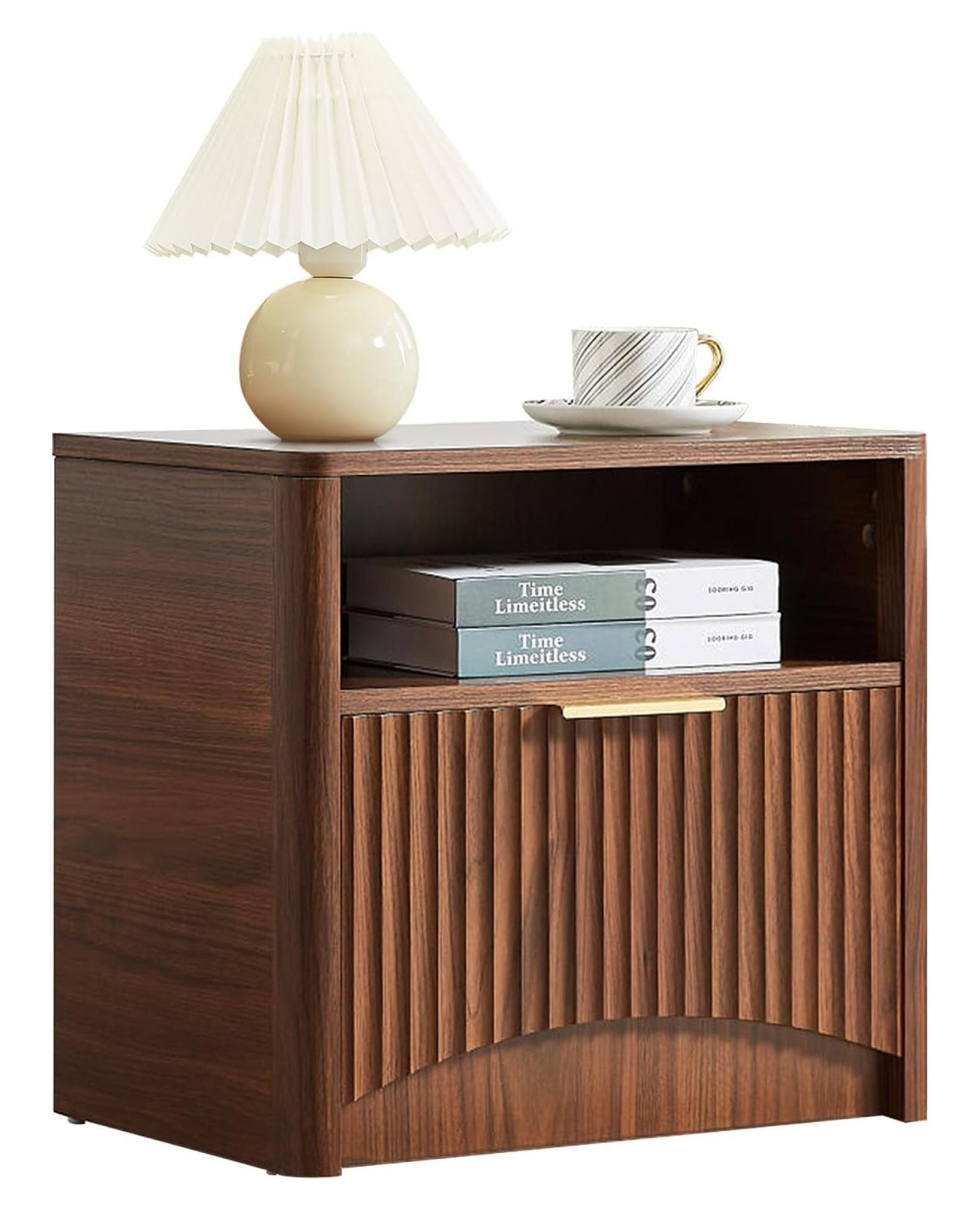 Walnut Fluted Nightstand with Drawer, Curved Bedside Table with Storage ...