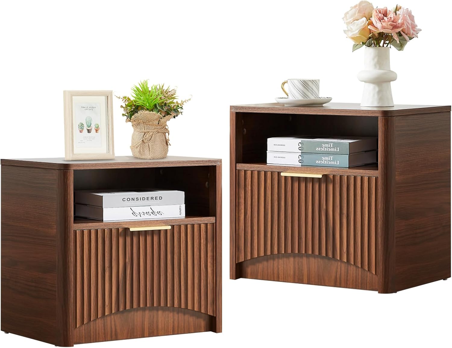 Walnut Fluted Nightstands Set of 2, Curved Bedside Table with Drawer ...