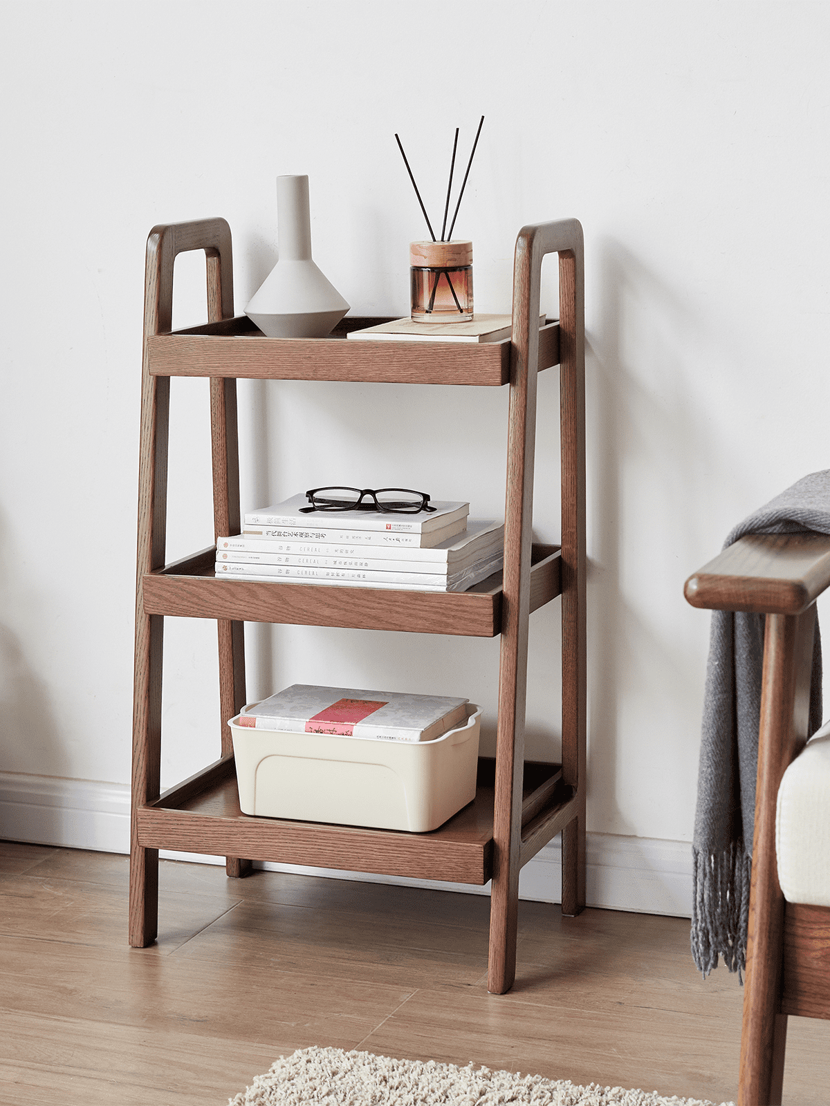 Walnut Ladder Bookshelf, 3-Tier Solid Oak Shelf,Storage Organizer Step ...