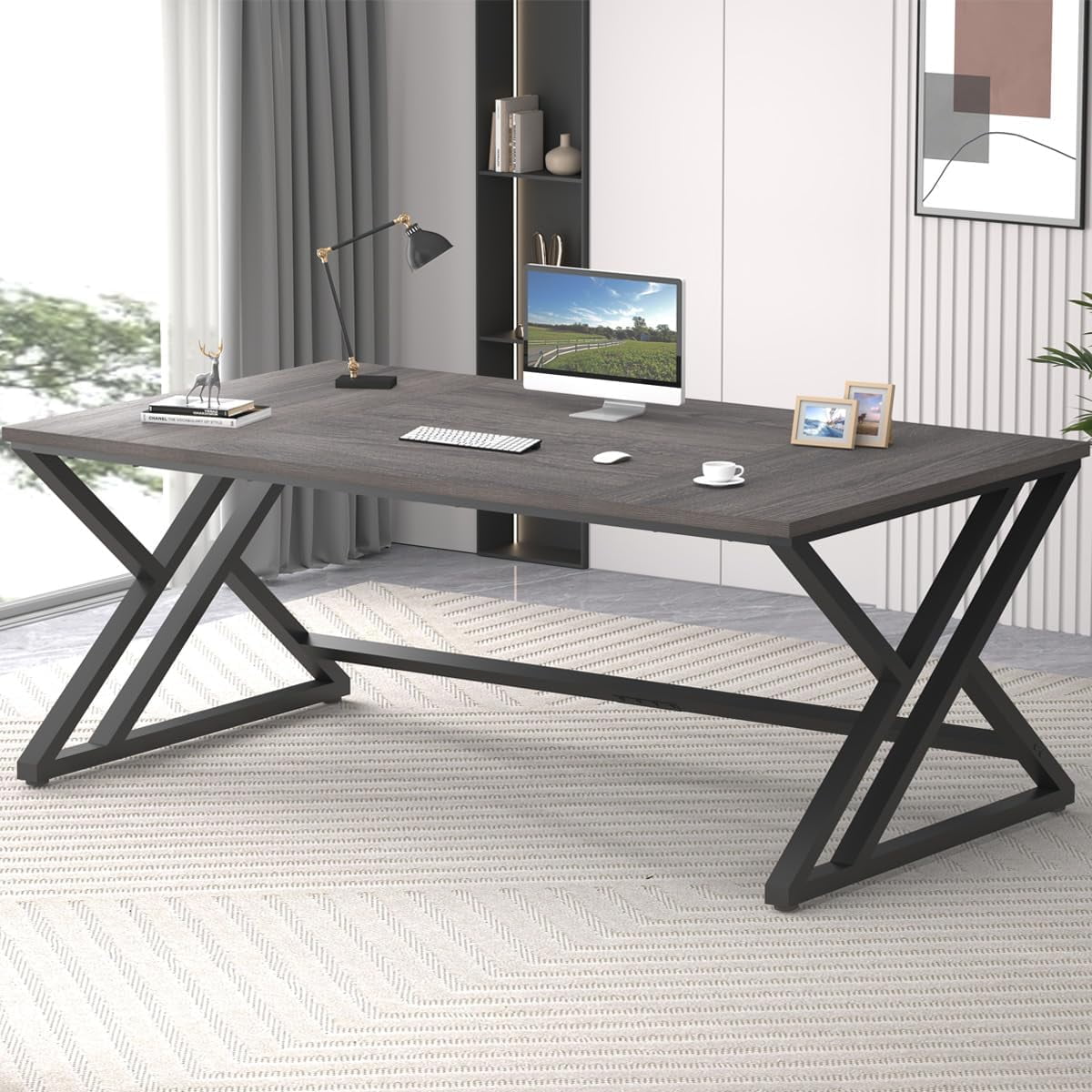 Walnut Large Office Desk Modern Long Wood Metal Computer Desk ...