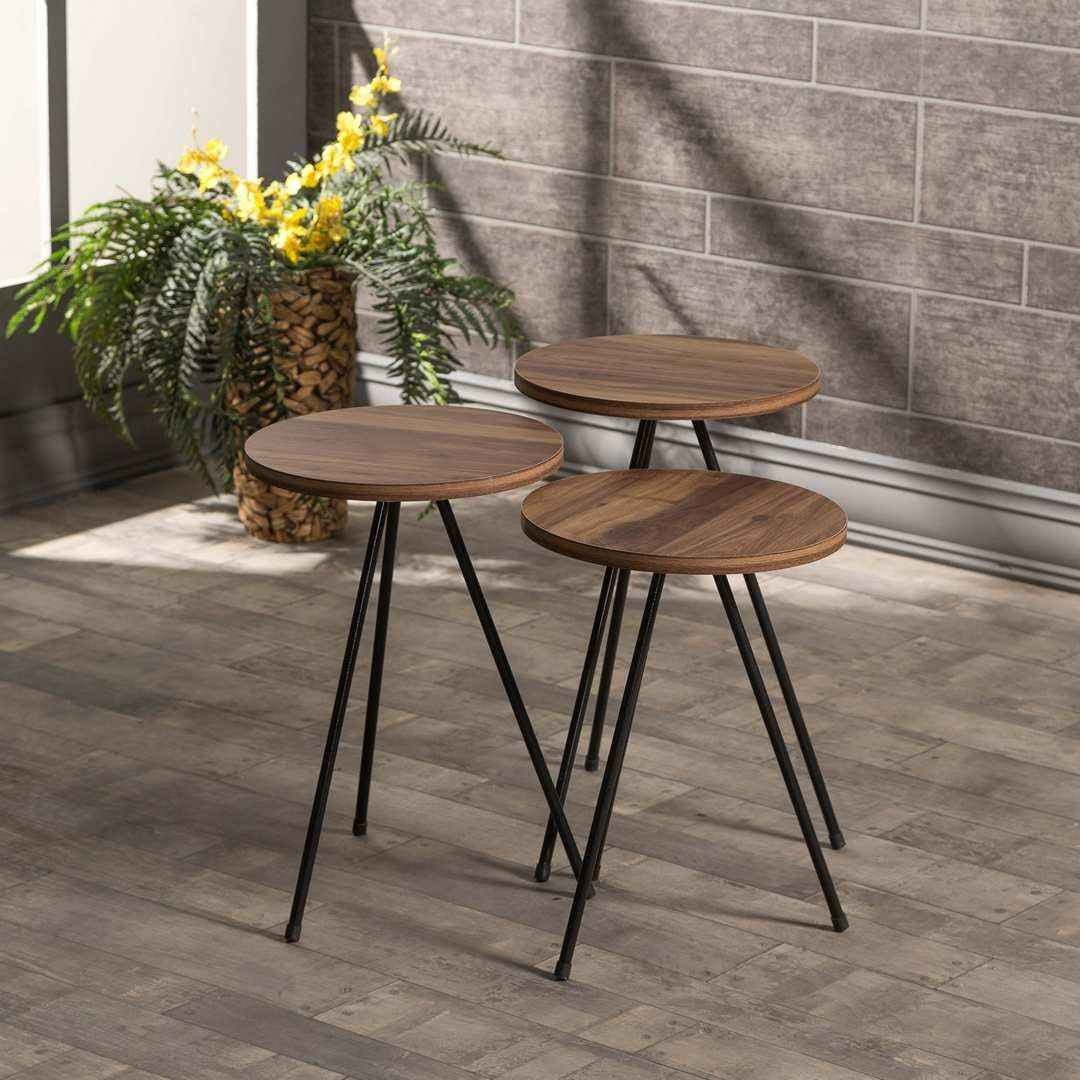 Walnut Nesting Coffee Tables 3 PCS,Round Side Table With Black Metal ...