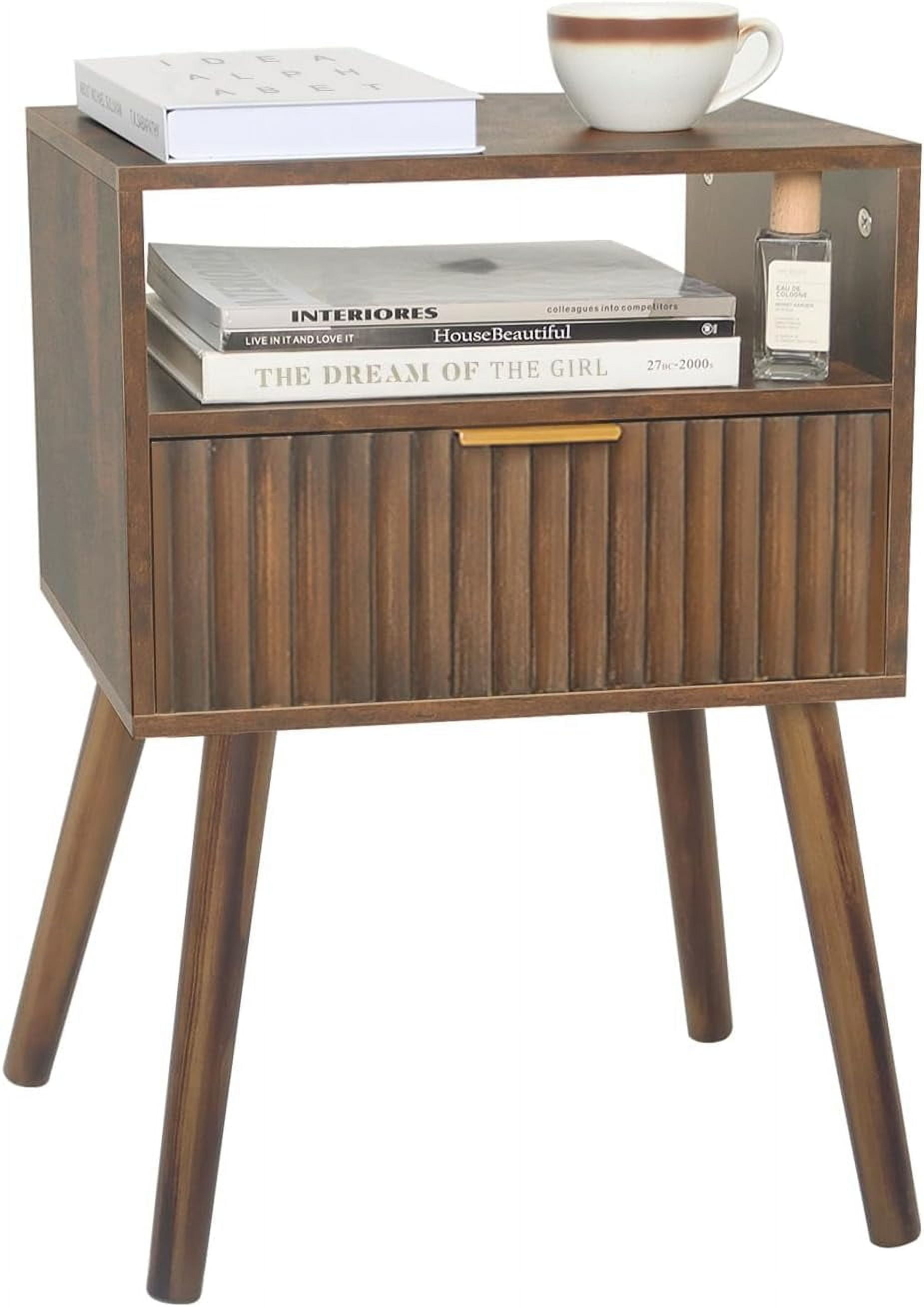 Walnut Nightstand, Wooden Bedside Table with Fluted Drawers and Open ...