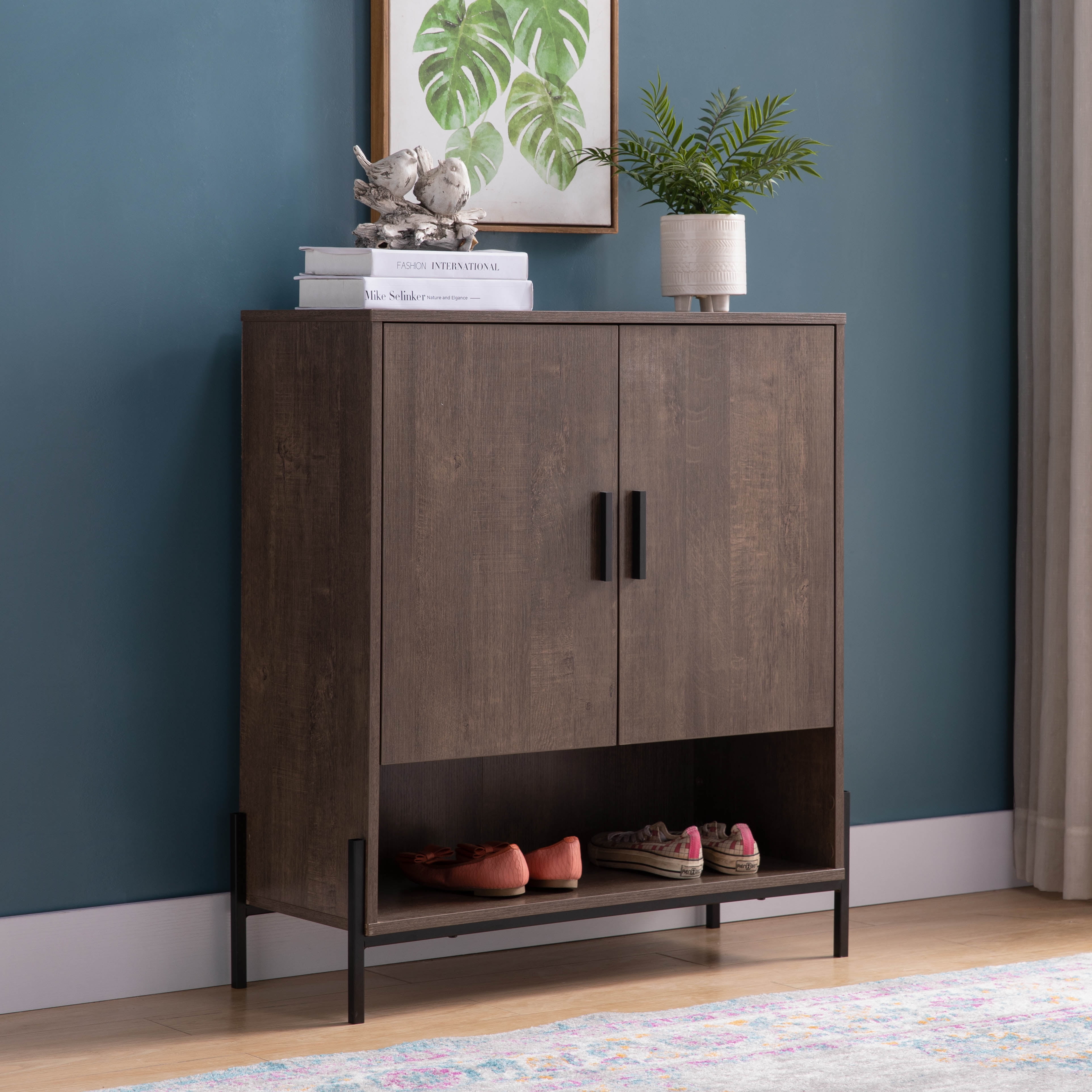 Walnut Oak Shoe Cabinet with Open Shelf for Entryway, 5-Tier Storage ...