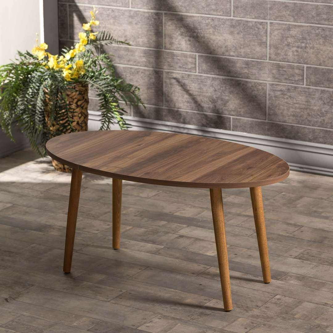 Walnut Oval Coffee Table with Wooden Legs, Modern Style Round Coffee ...