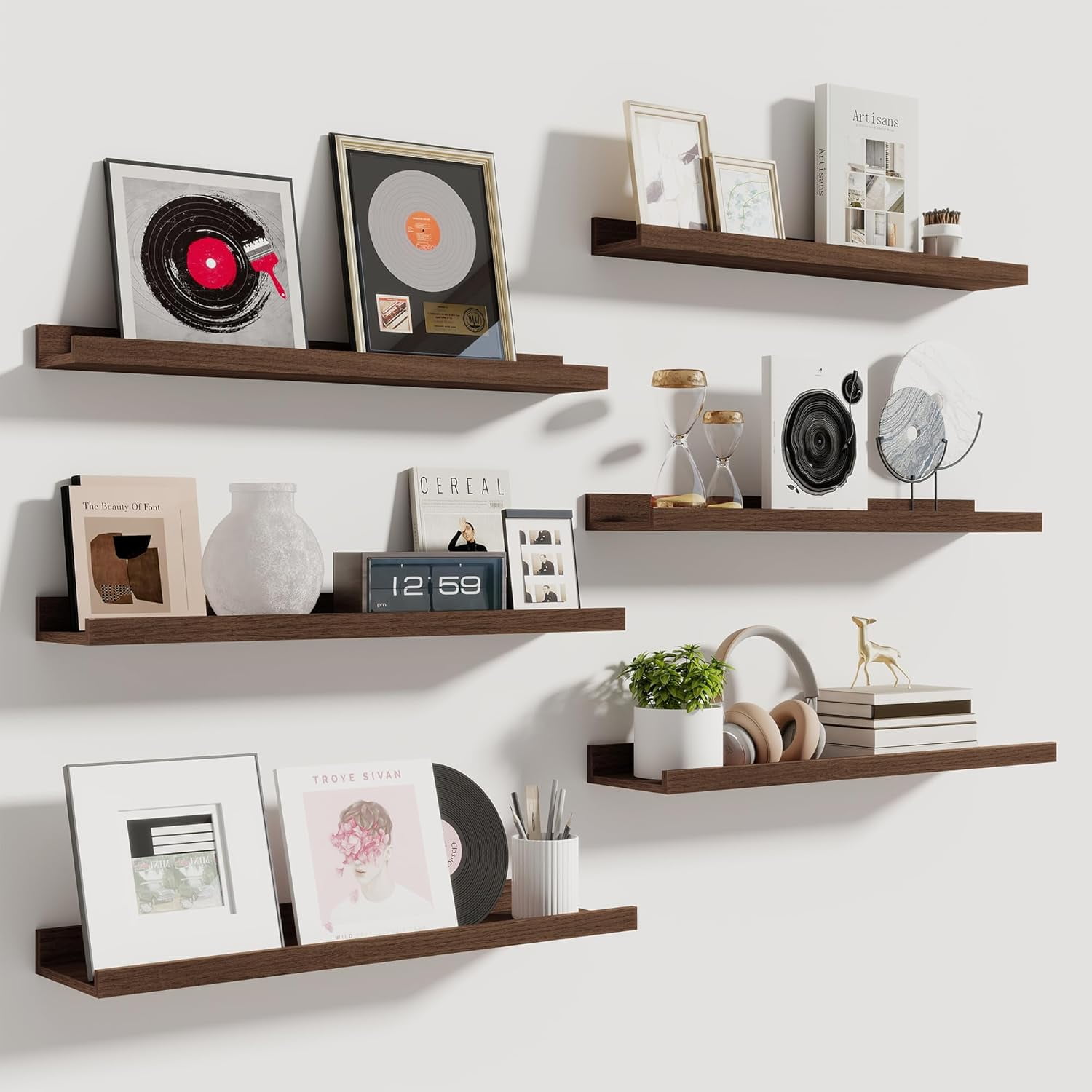 Walnut Picture Ledge Shelf, 24 Inch Long Floating Shelves Set of 6 ...