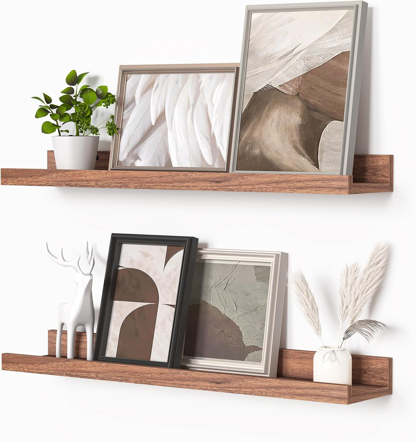 Walnut Picture Ledge Shelf, Set of 2 Floating Shelves, 24 Inches Wall ...