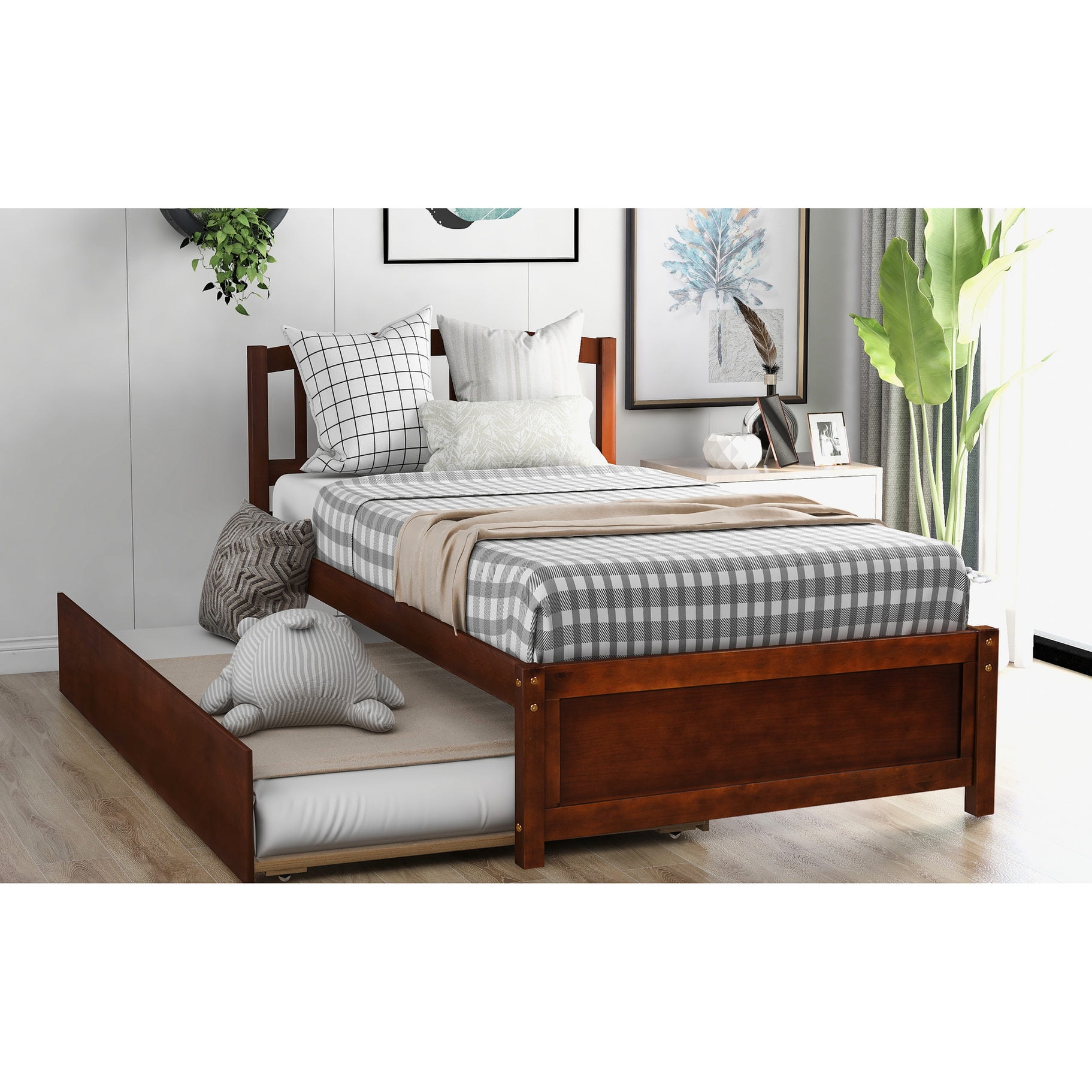 Walnut Platform Bed with Trundle | High - Quality Pine Wood | Minimal ...