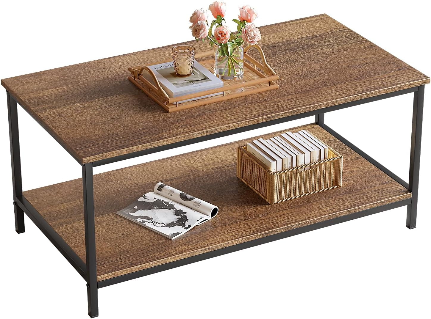 Walnut Rectangle Wood Table with Storage for Small Spaces Apartment ...
