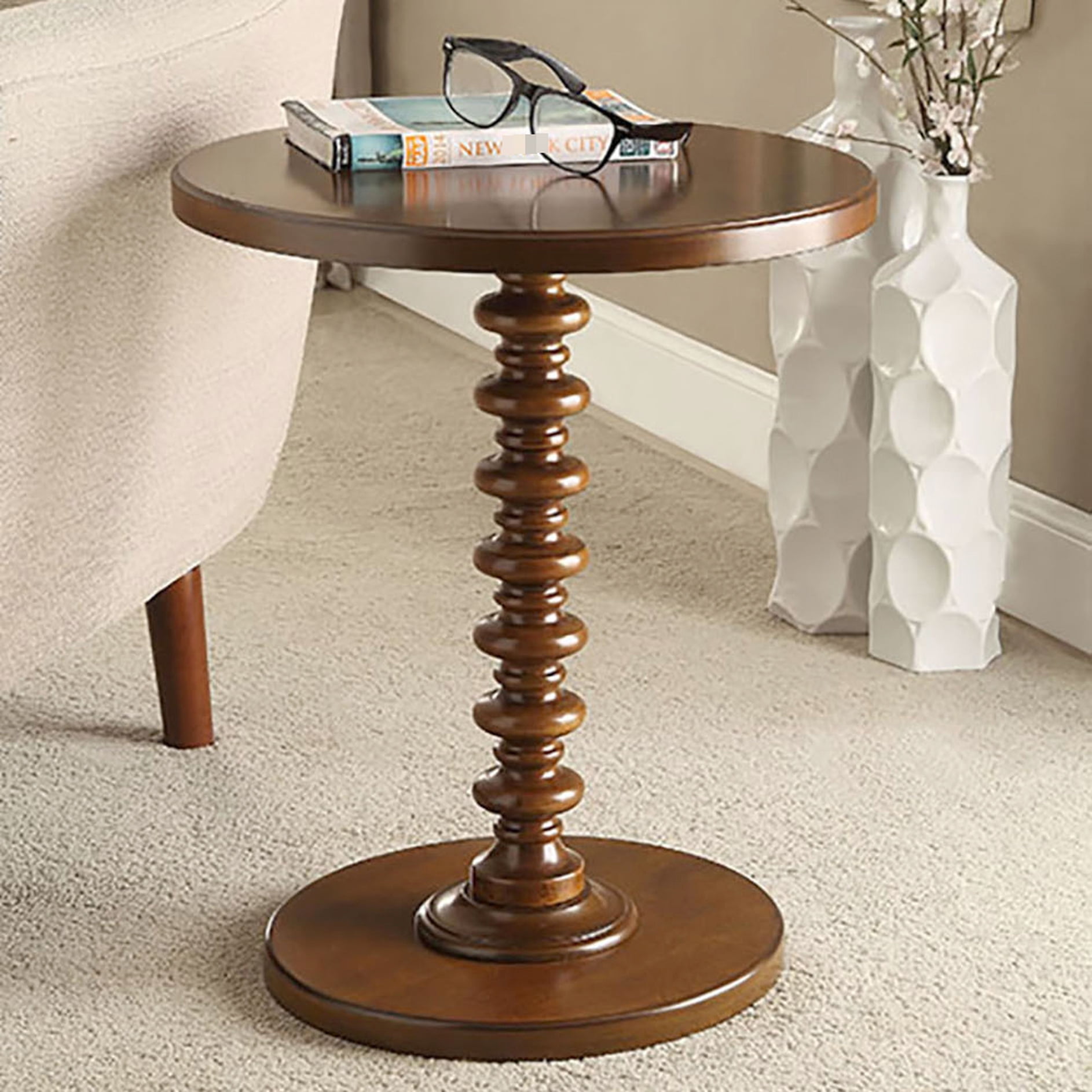 Walnut Round Side Table - Compact Design, Space Efficient 17.5