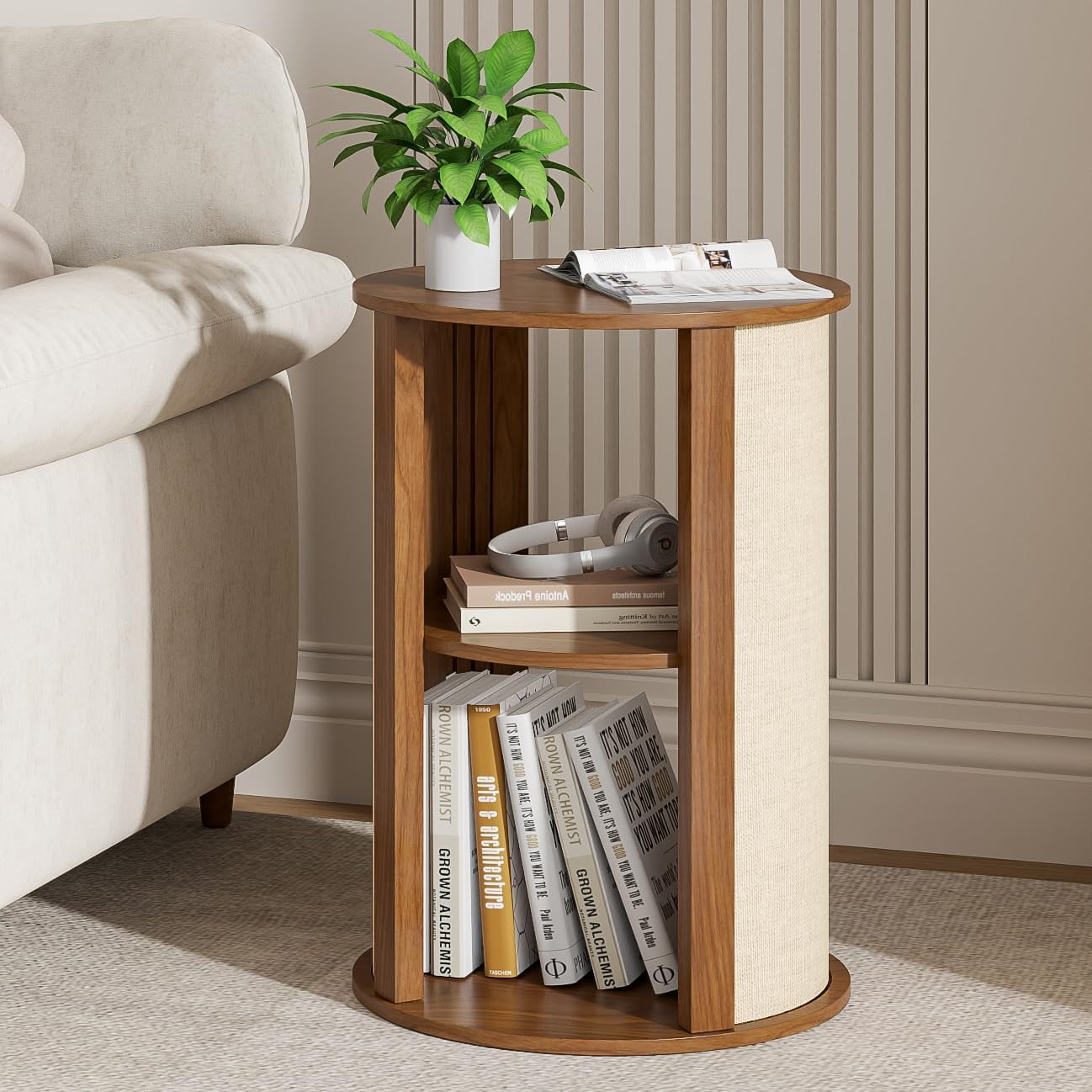 Walnut Round Side Table for Sofa, Couch Bedside End Table with Storage ...