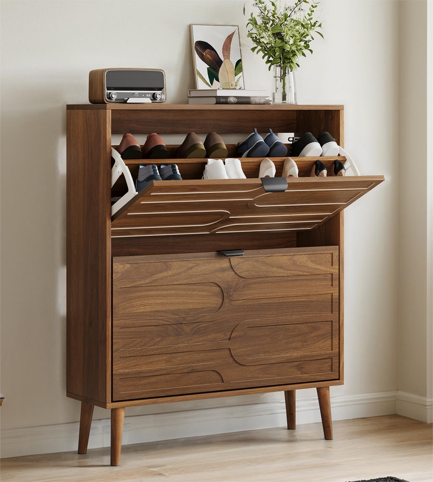 Walnut Shoe Cabinet Storage for Entryway,Narrow Shoe Organizer Cabinet ...