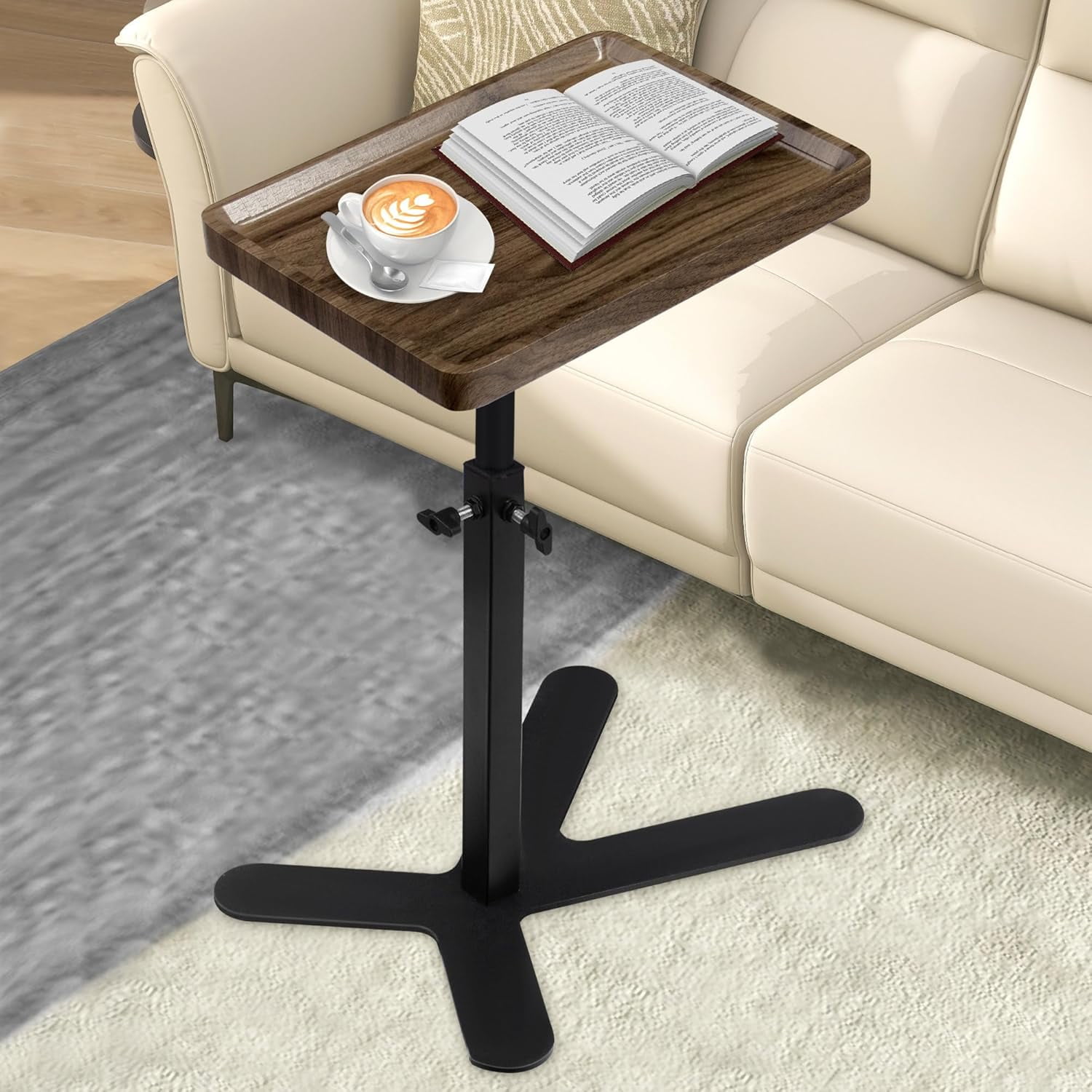 Walnut Side Table Adjustable Height, 360° Swivel C Shaped End Table with Metal Base, Small TV ...