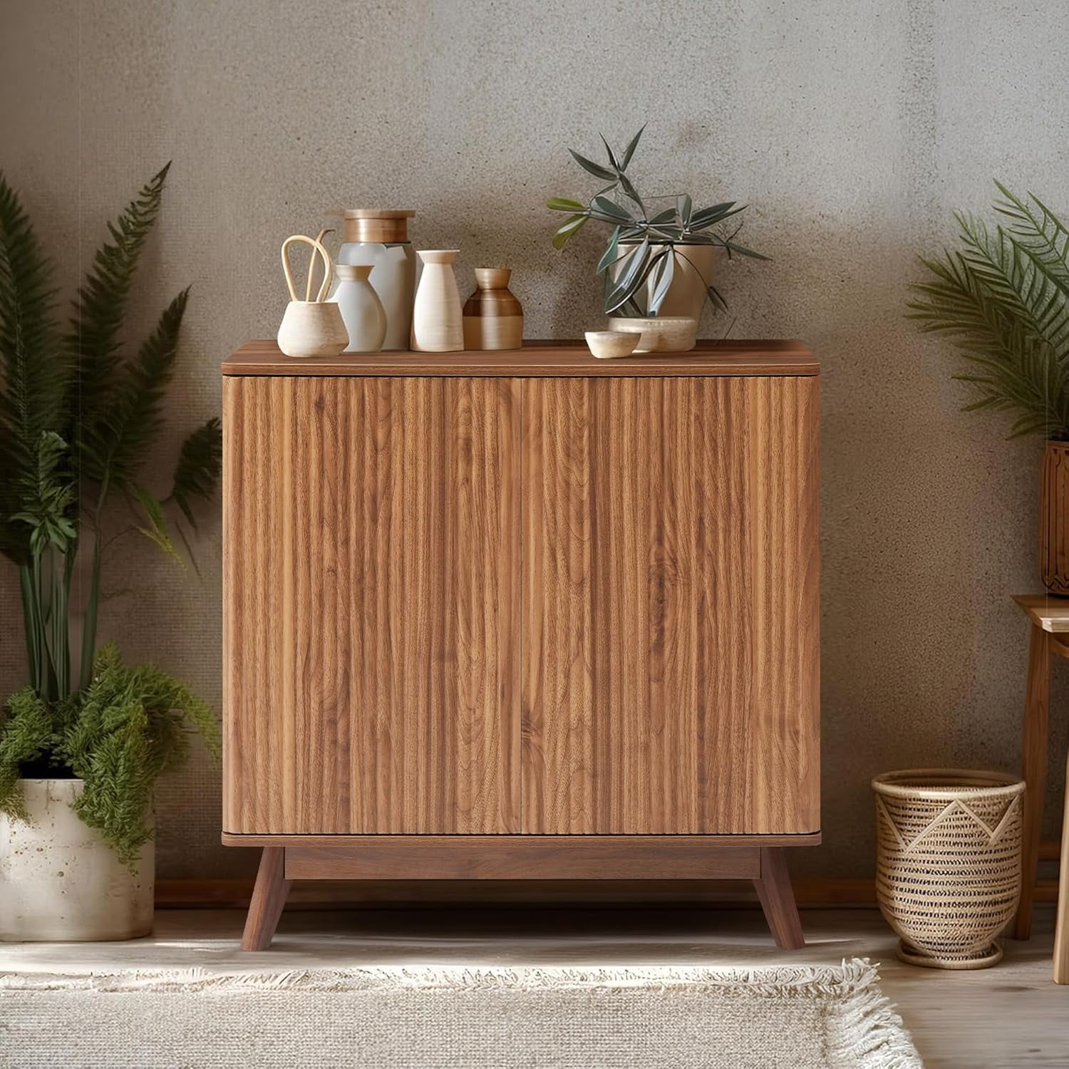 Walnut Sideboard Cabinet, Mid Century Farmhouse Fluted Credenza ...