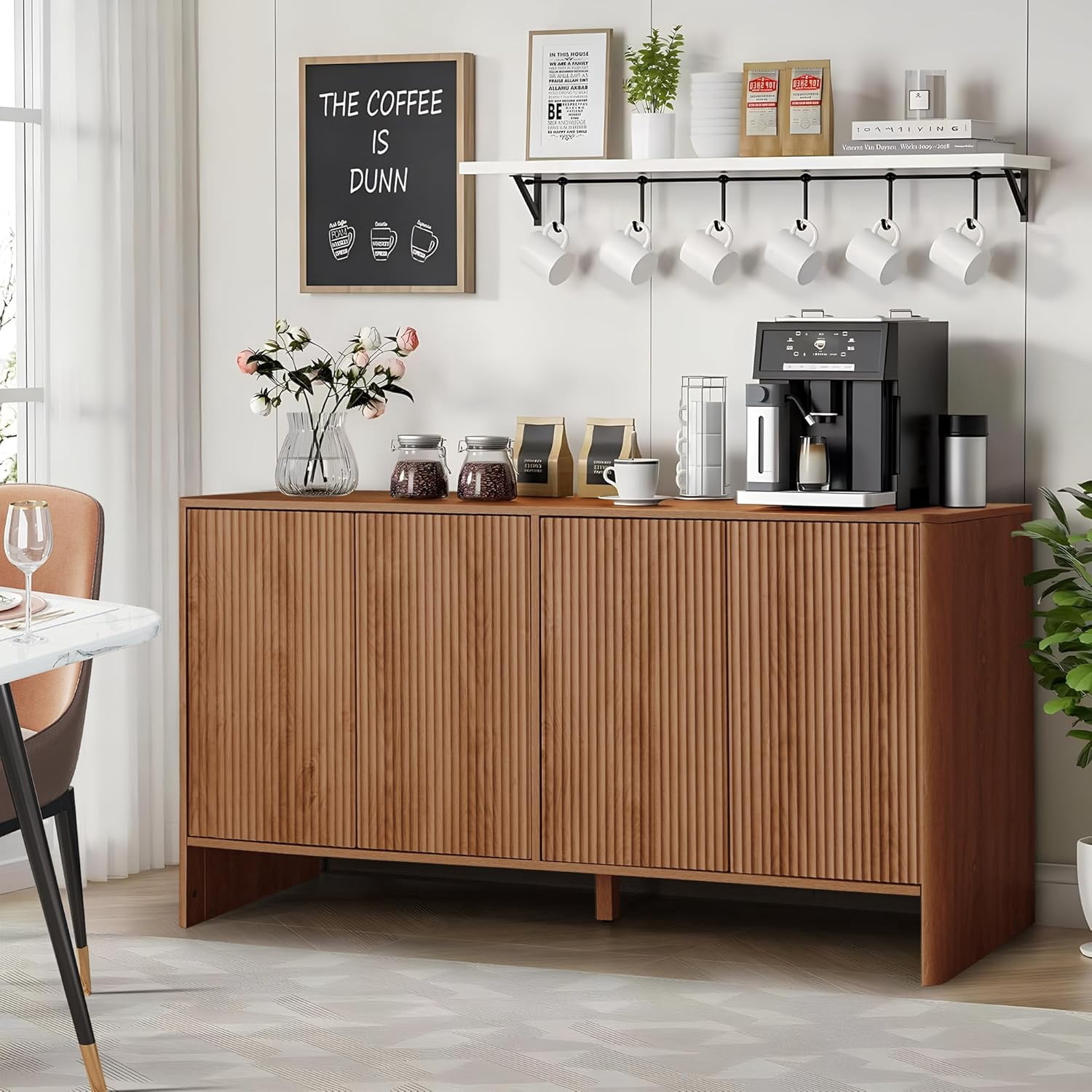 Walnut Sideboard Cabinet, Mid Century Farmhouse Fluted Credenza ...