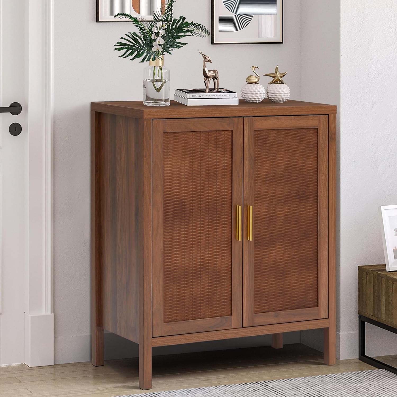 Walnut Sideboard Cabinet, Rattan Sideboard Buffet Cabinet with Storage ...